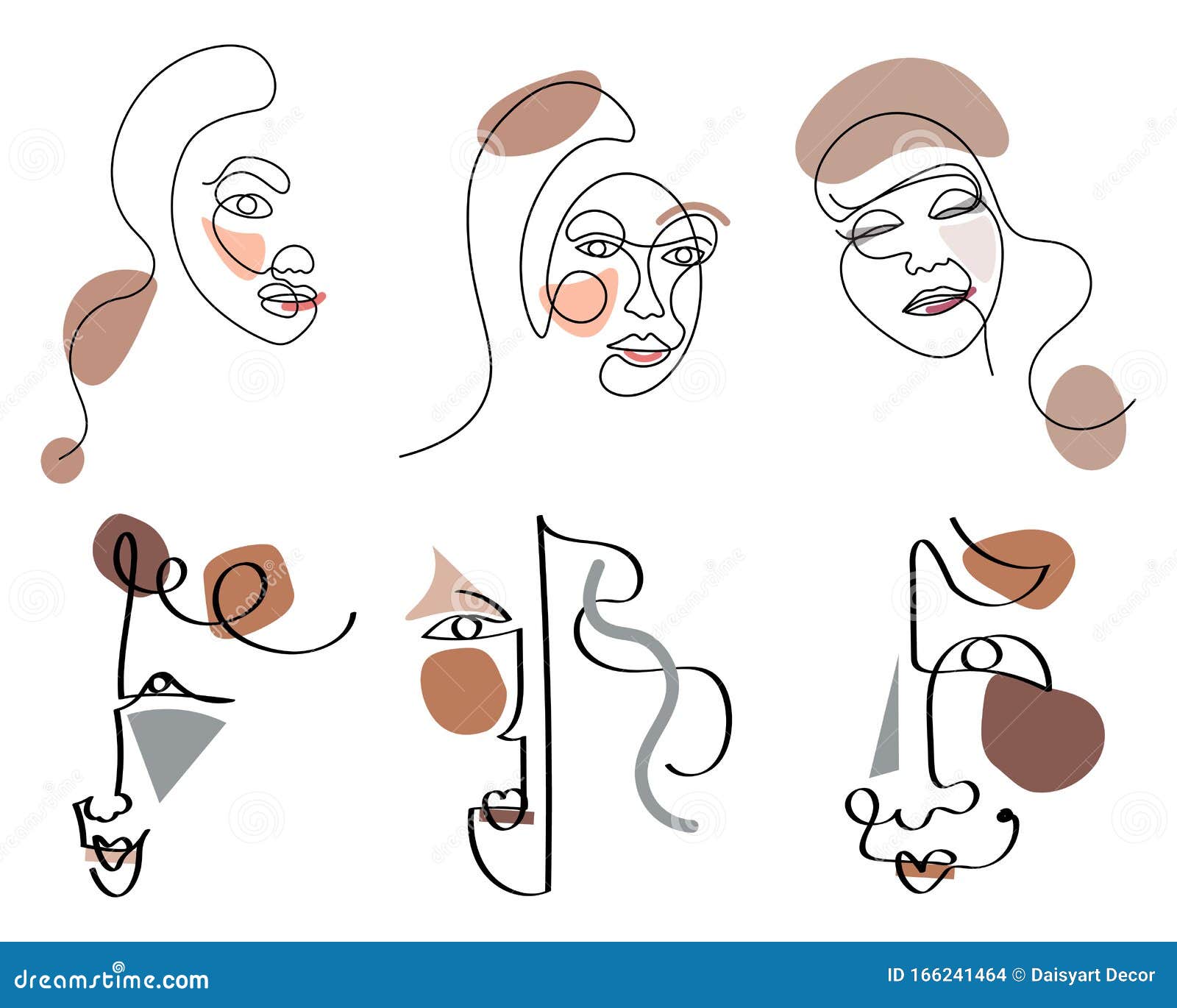 Set Of Six Abstract Face One Line Drawing Portrait Minimalistic Style