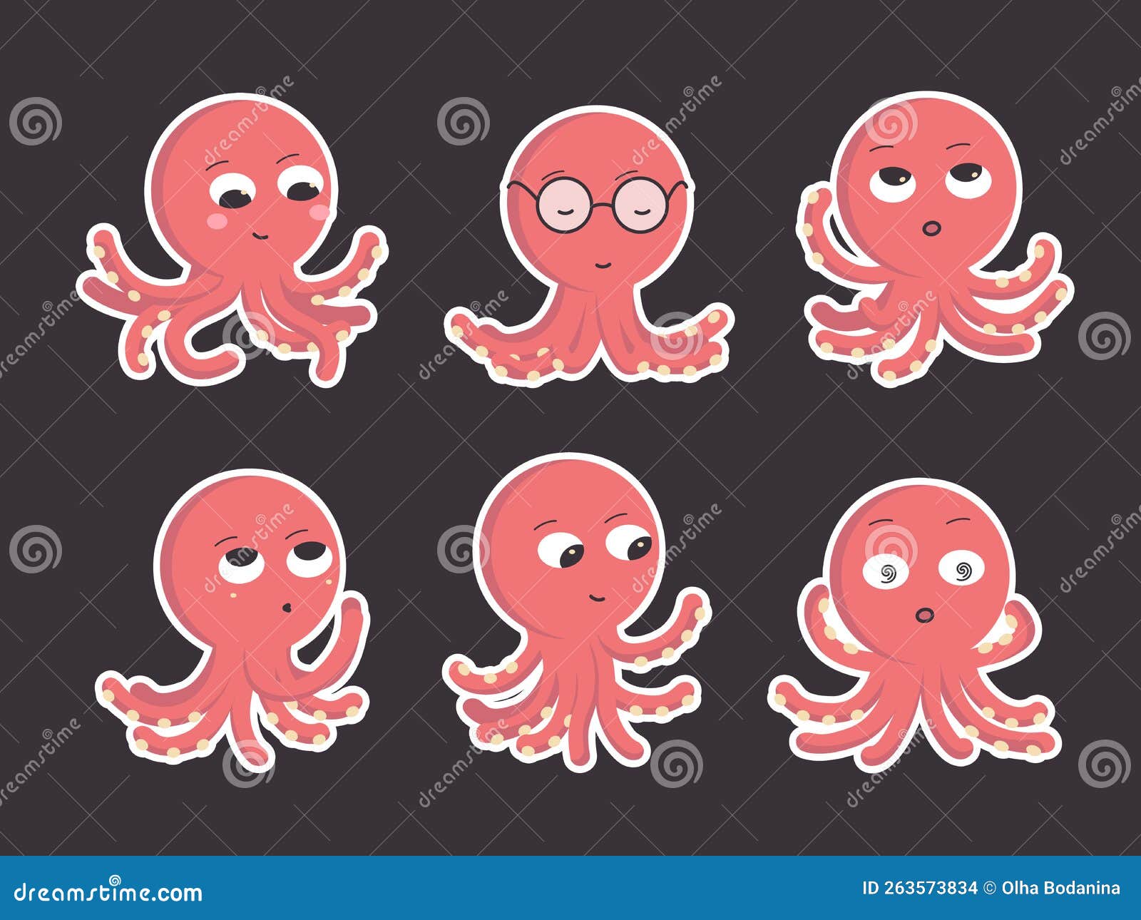 Set of Six Cartoon Red Octopus Characters in Different Poses and ...