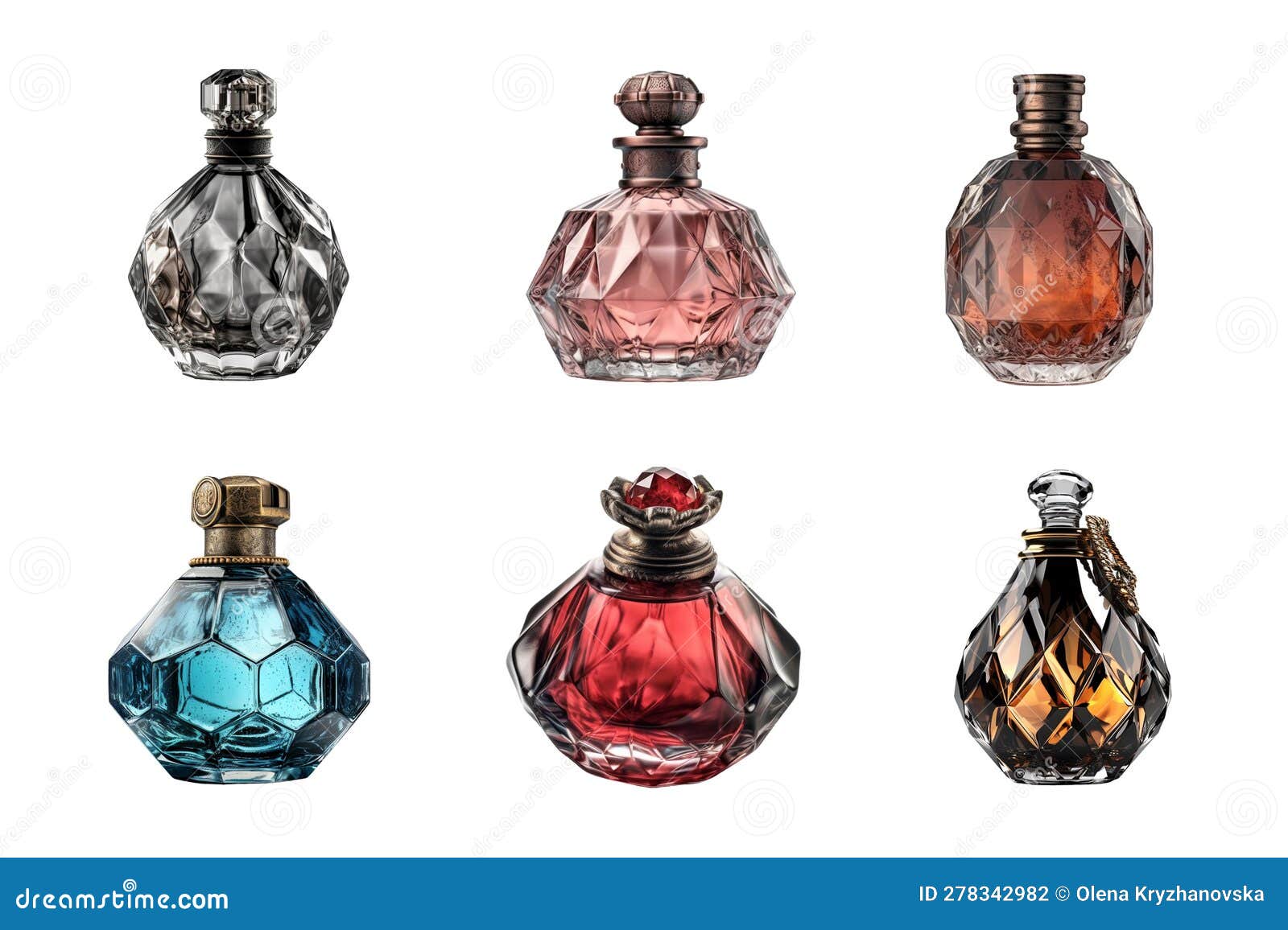 Set of Six Colored Perfume Bottles Isolated on White Background ...