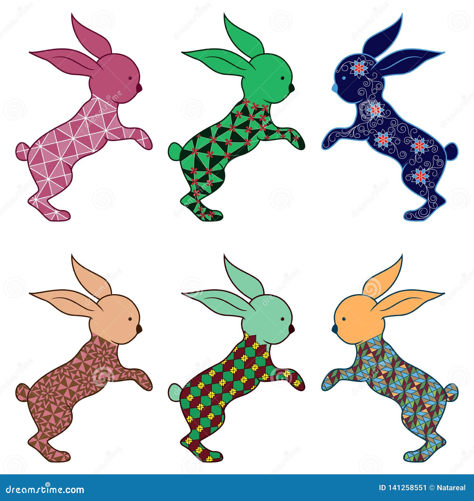 Set of Six Decorative Easter Rabbits Stock Vector - Illustration of ...