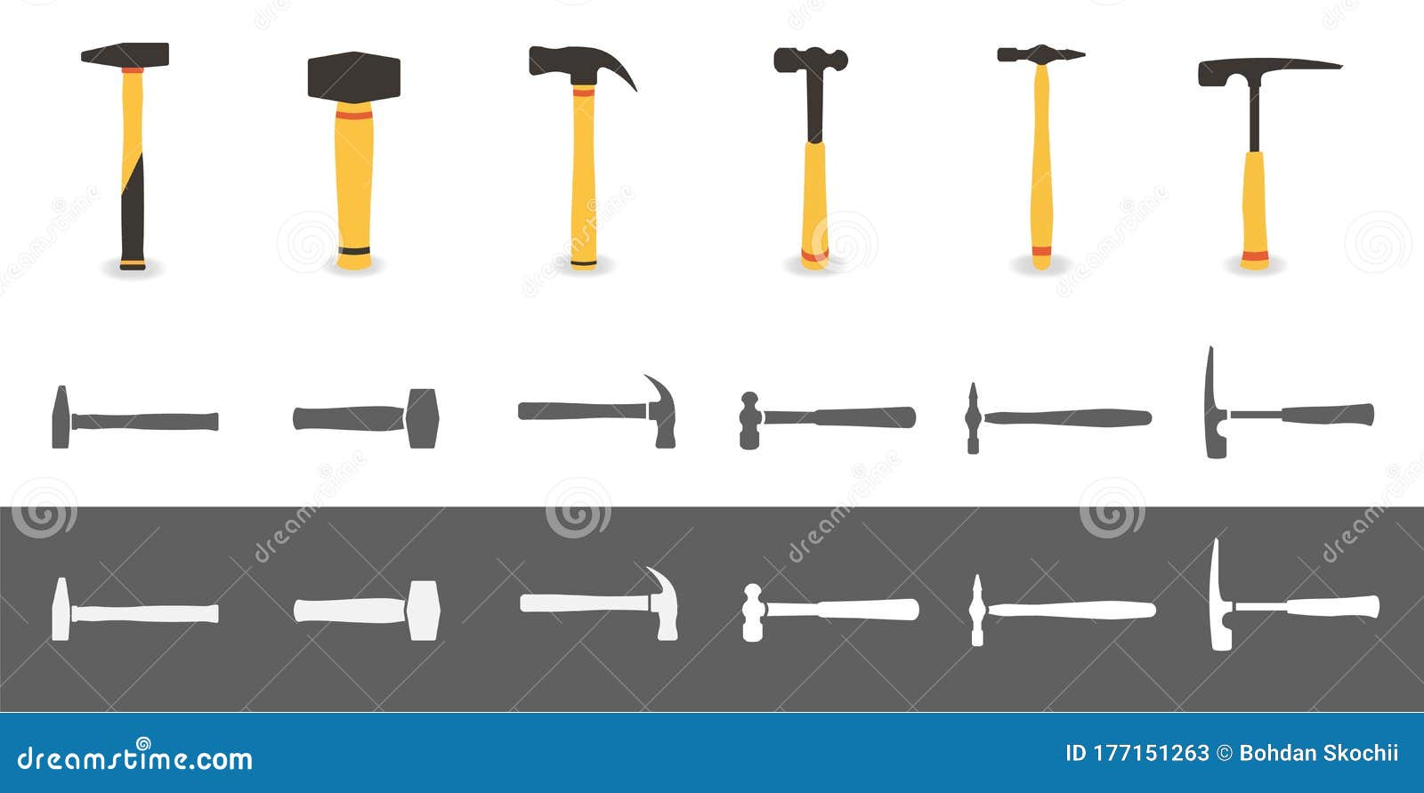 Set of Six Different Hammers Stock Vector - Illustration of black ...