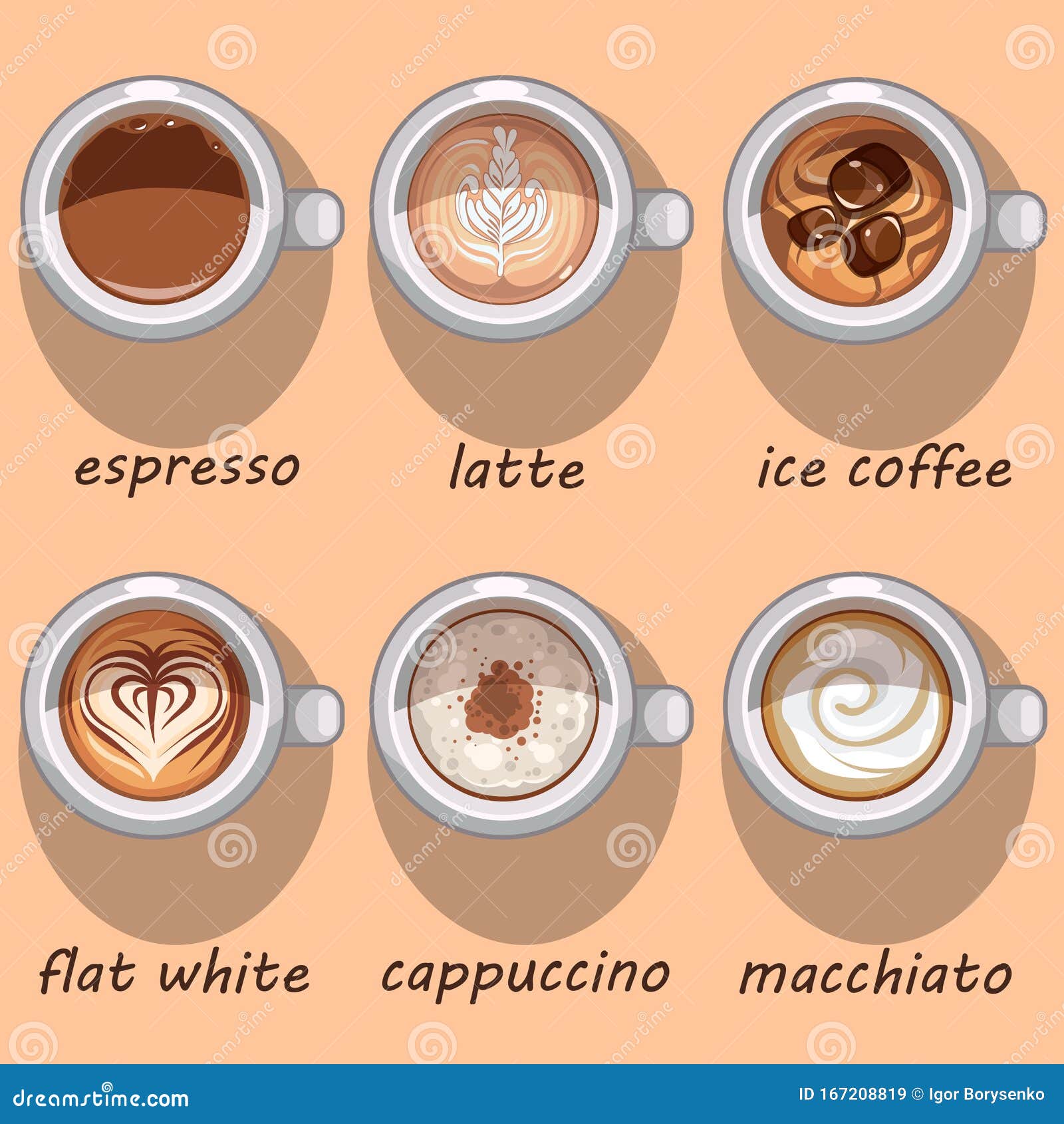 Set of Six Different Sorts of Coffee in White Cups Stock Vector ...