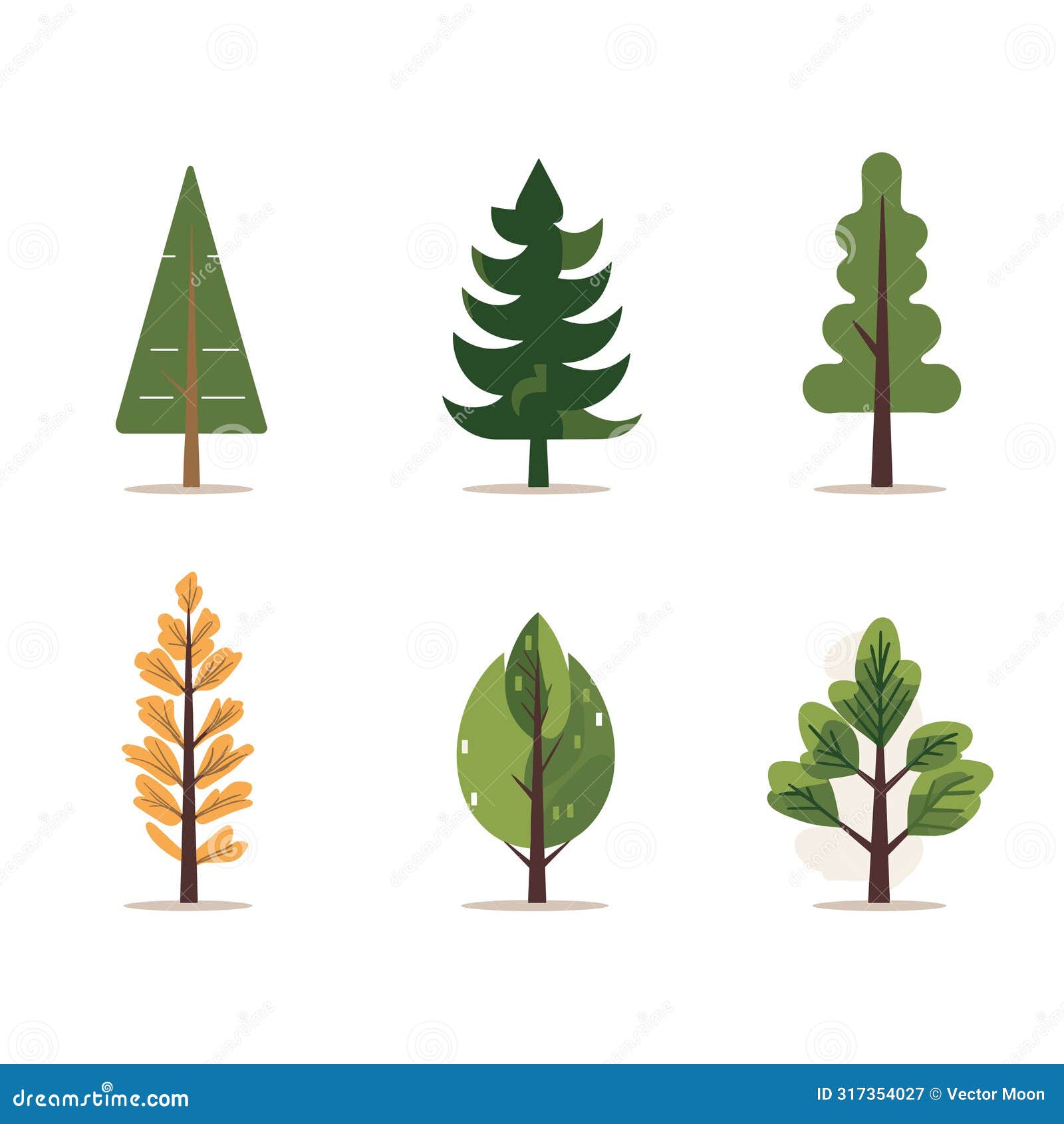 Set Six Different Stylized Trees Vector Illustration Isolated White ...