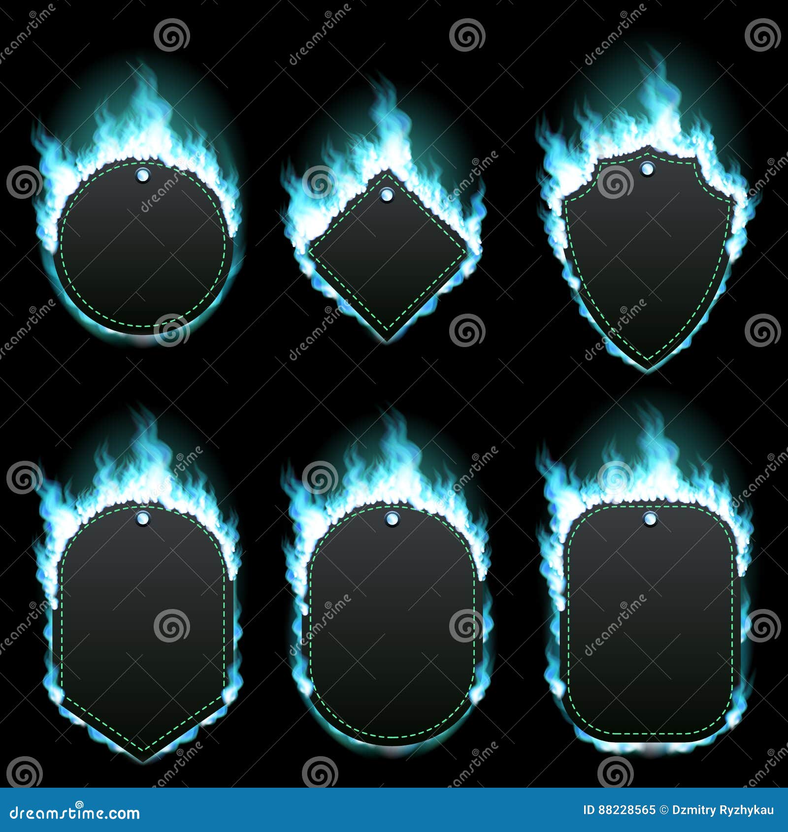 Set of Six Frames Surrounded with Azure Flame Stock Illustration ...