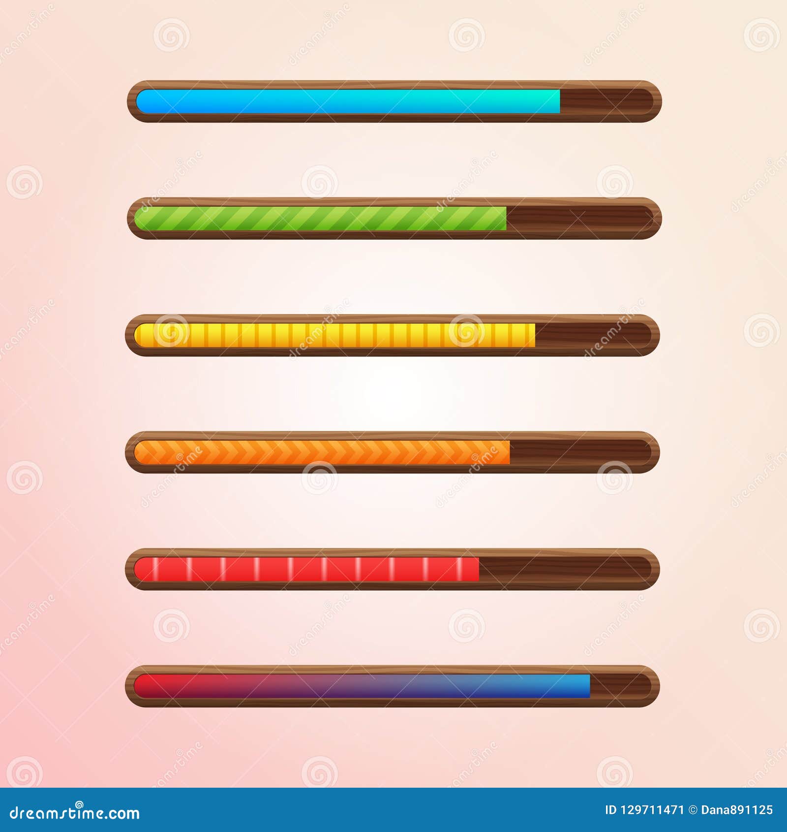 Set of Six Game Resource Bar in Wooden Frame with Different Textures ...