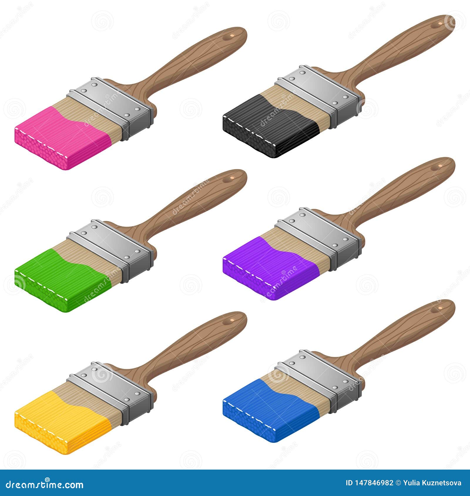 A Set of Six Paint Brushes, Dipped in Paint of Different Colors, in ...