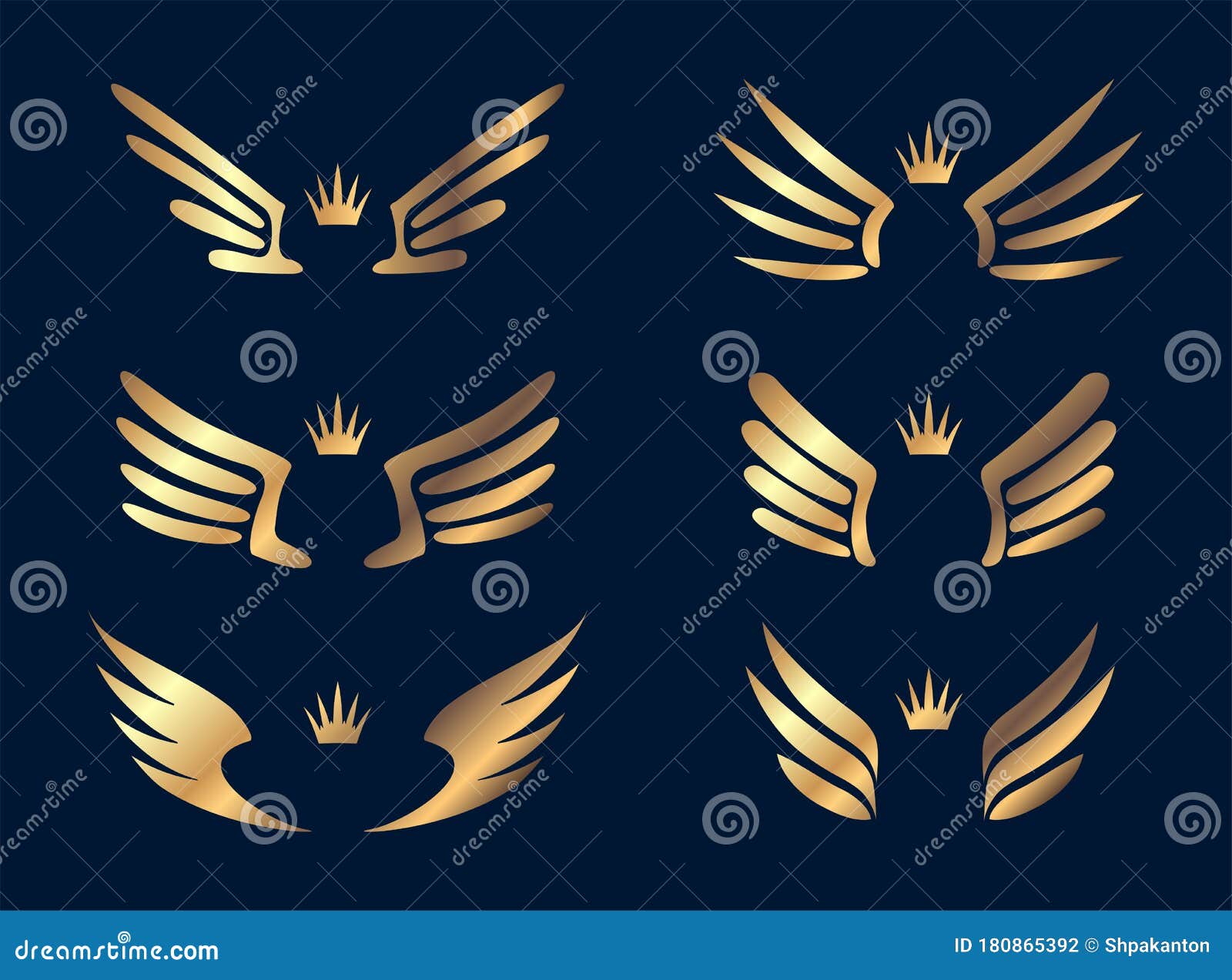 Set of Six Pairs of Gold Wings with Crowns. Vector Illustration Stock ...
