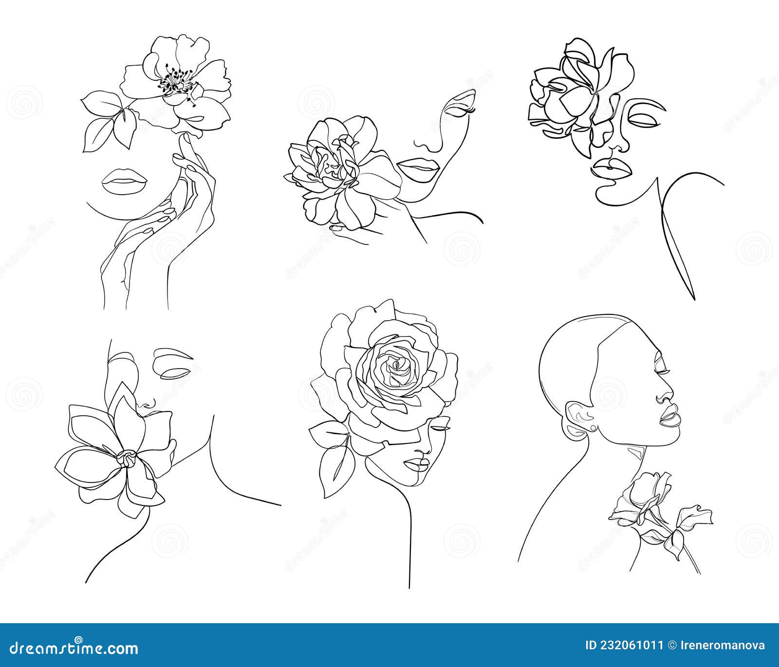 Set Of Six Portrait Face With Flower Simple Minimalist Vector