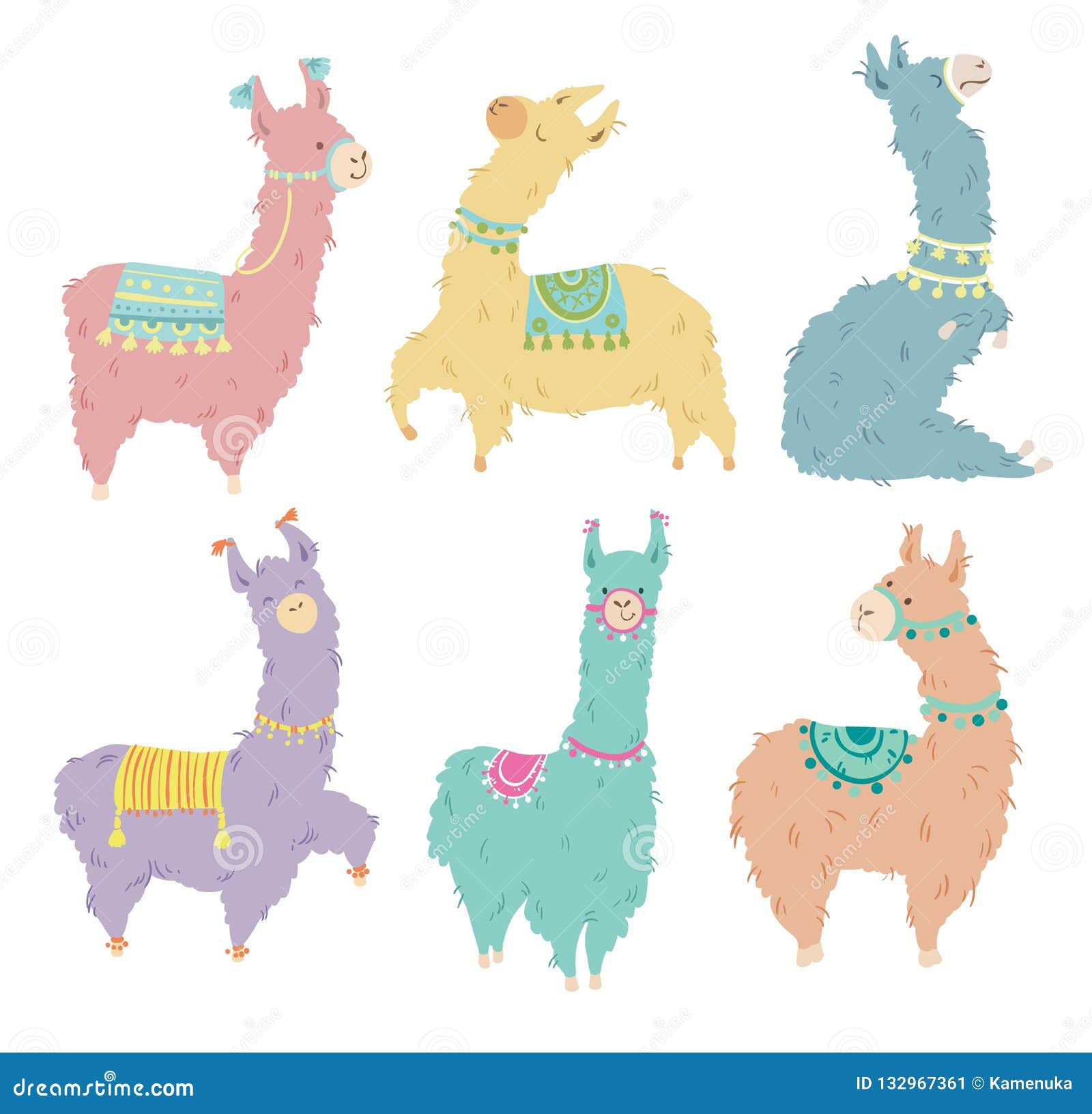 Set of Six Pretty Hand Drawn Lamas, Vector Illustration Stock Vector ...