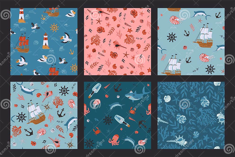 A Set of Six Seamless Patterns with a Marine Theme. Vector Graphics ...