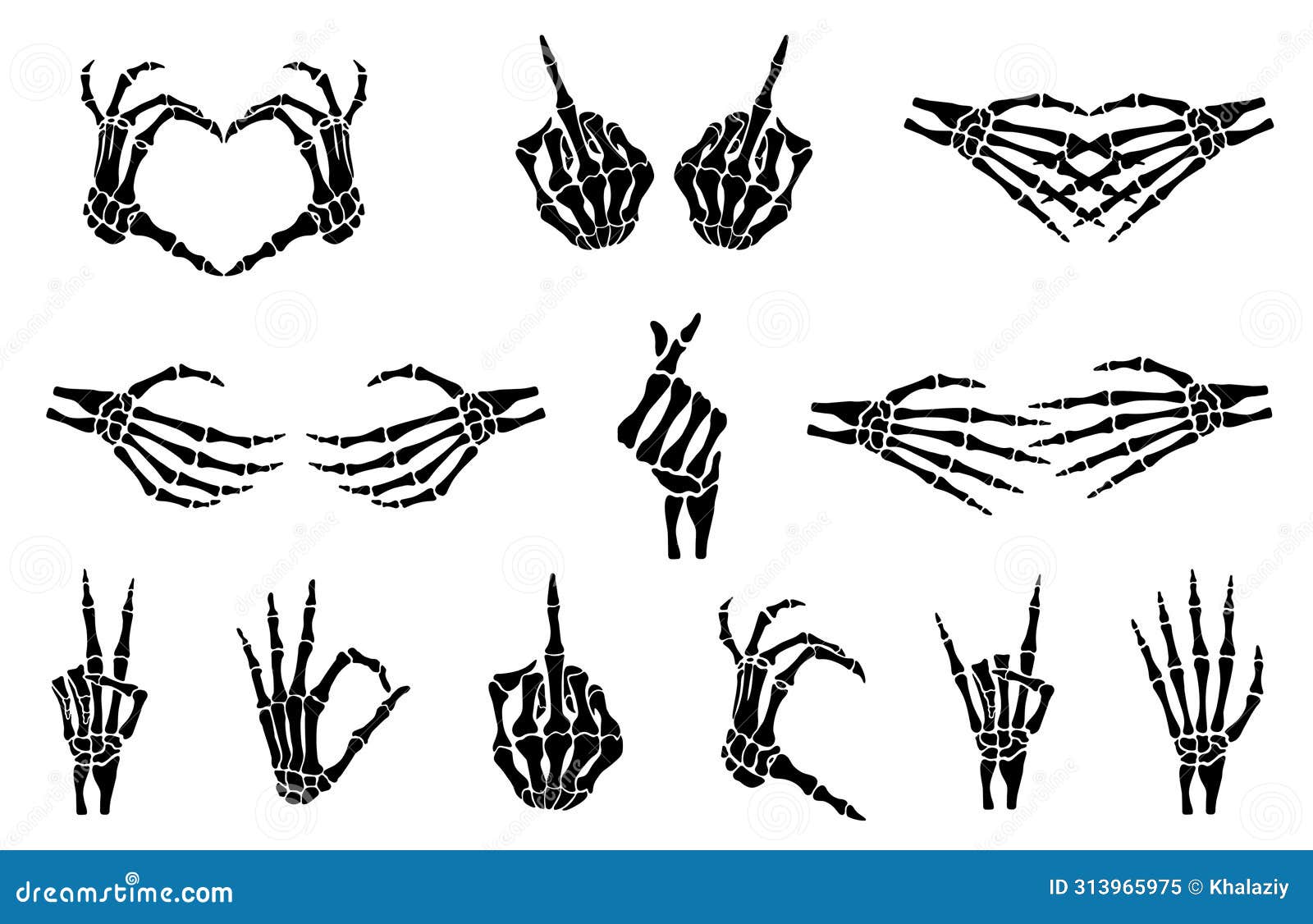 Set of Skeleton Hands Gestures, Fingers, Black Flat Vector, Cut Files ...