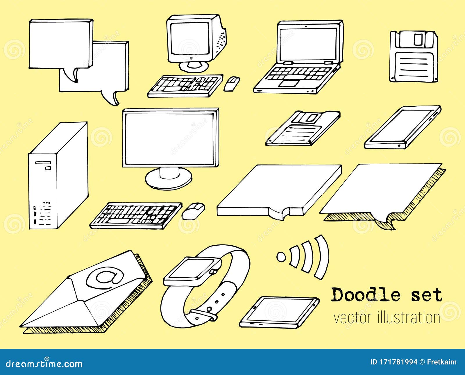 Set of Sketch Computers. Doodle Pc, Laptop, Tablet, Floppy, Mail, Chat ...