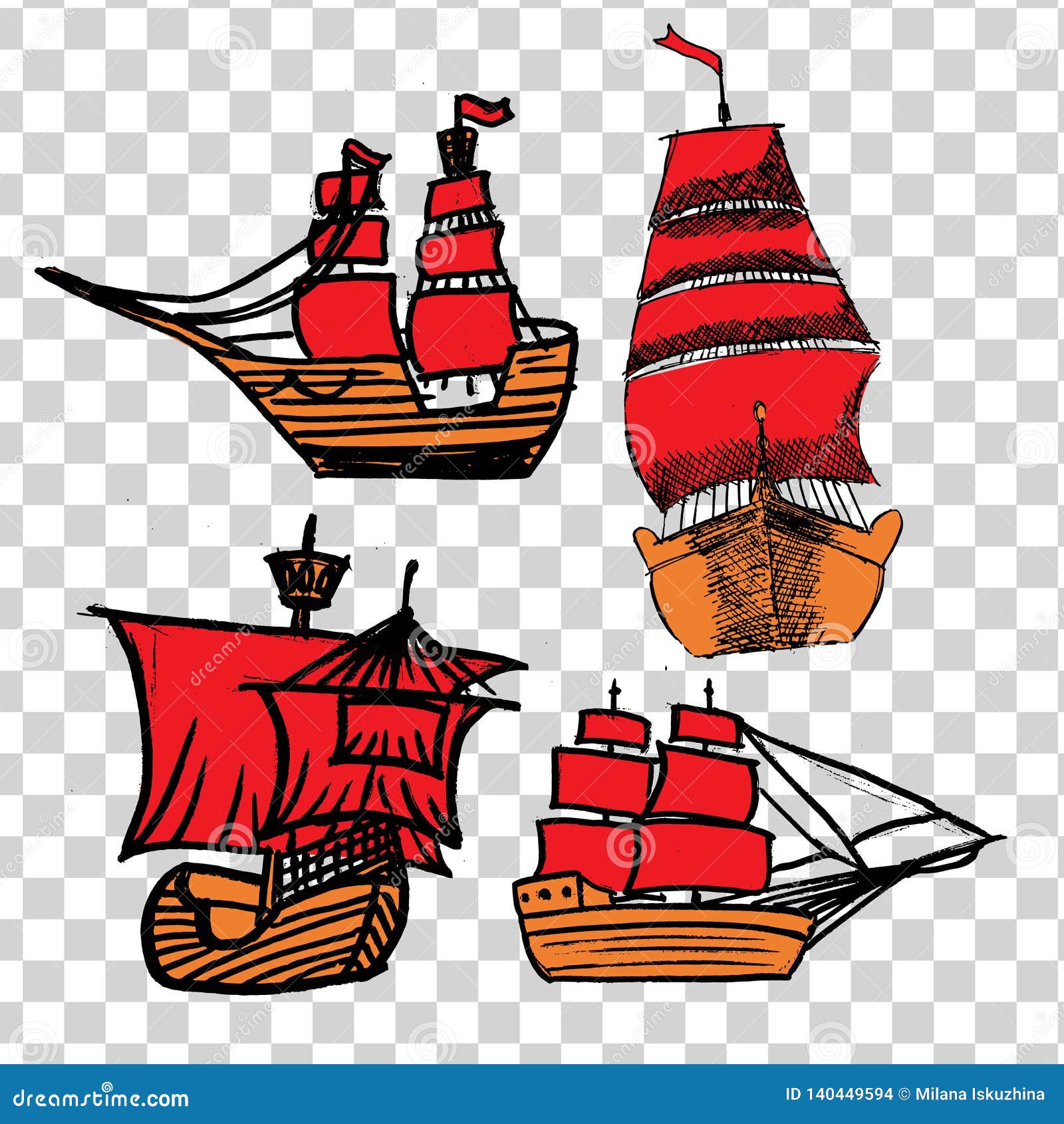 A Set of Sketches of Ships with RED Sails Stock Vector - Illustration ...