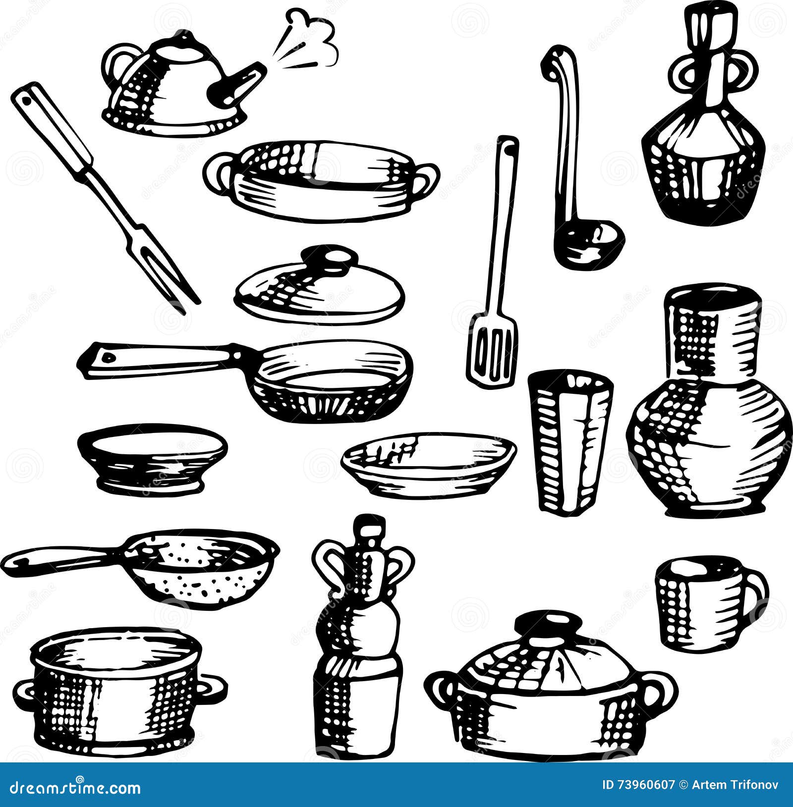 A Set of Sketches of Tableware, Kitchen Utensils Stock Vector ...