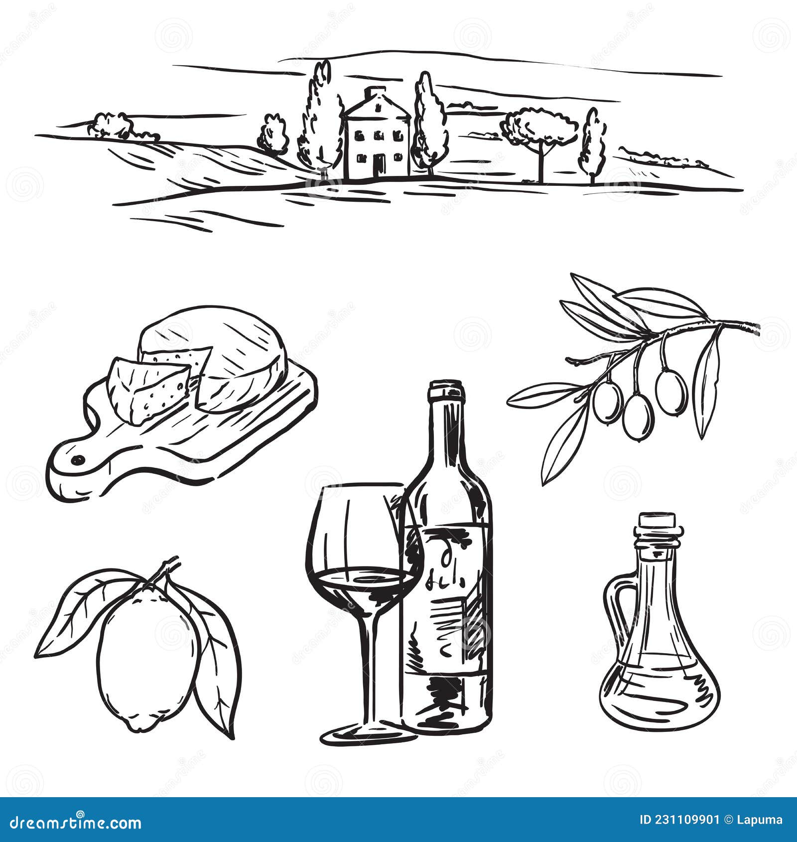 A Set of Sketches on the Theme of Italian Tuscany Stock Vector ...