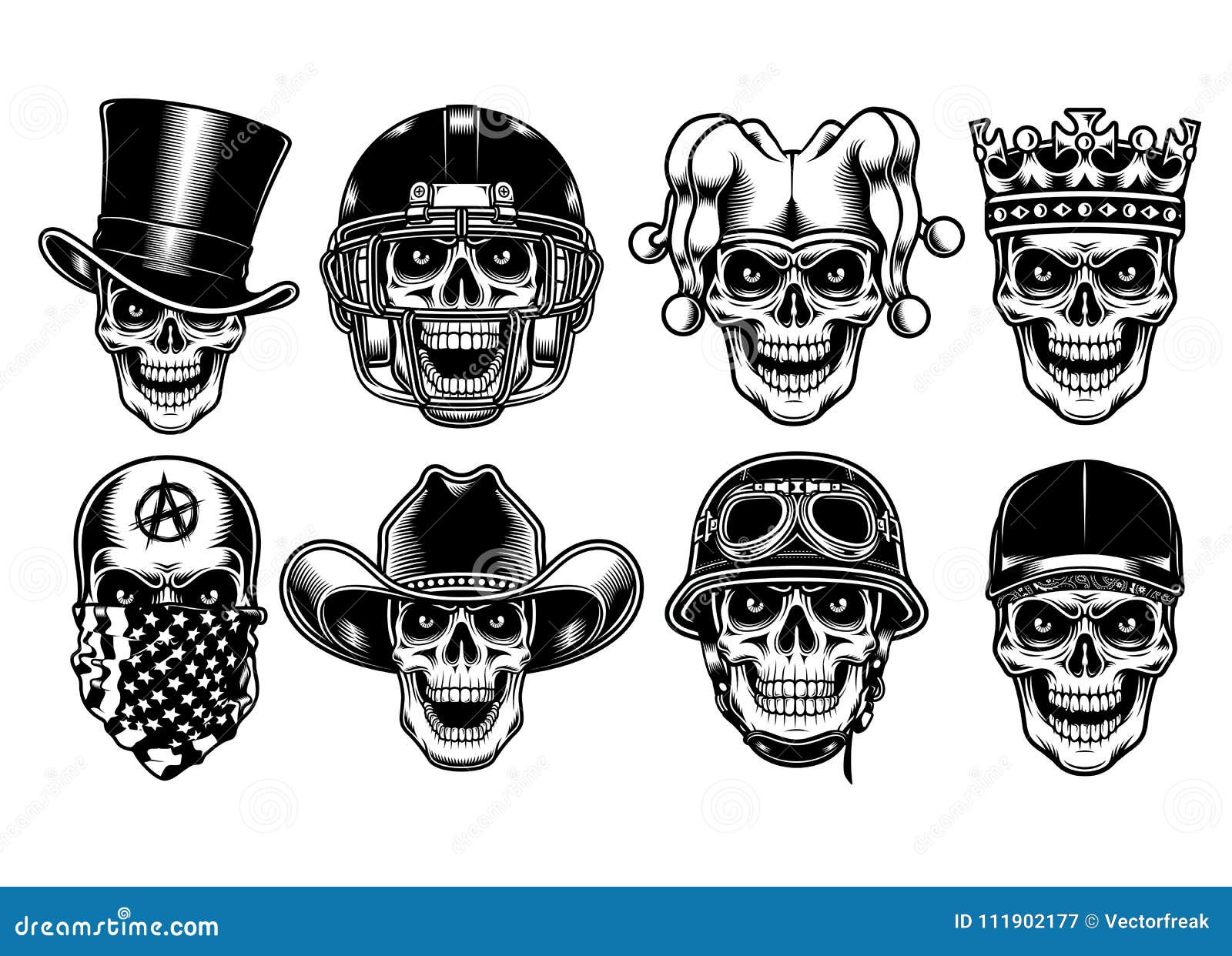 Set of Skull Characters Isolated on White Background Stock Vector ...
