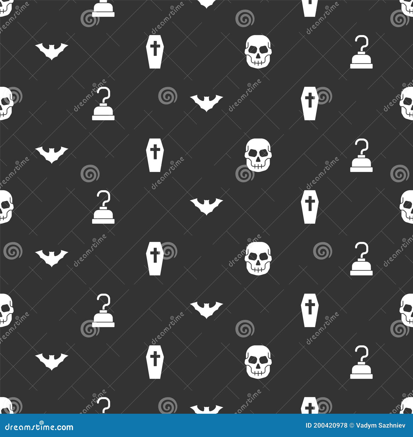 Set Skull, Pirate Hook, Flying Bat and Coffin with Cross on Seamless ...