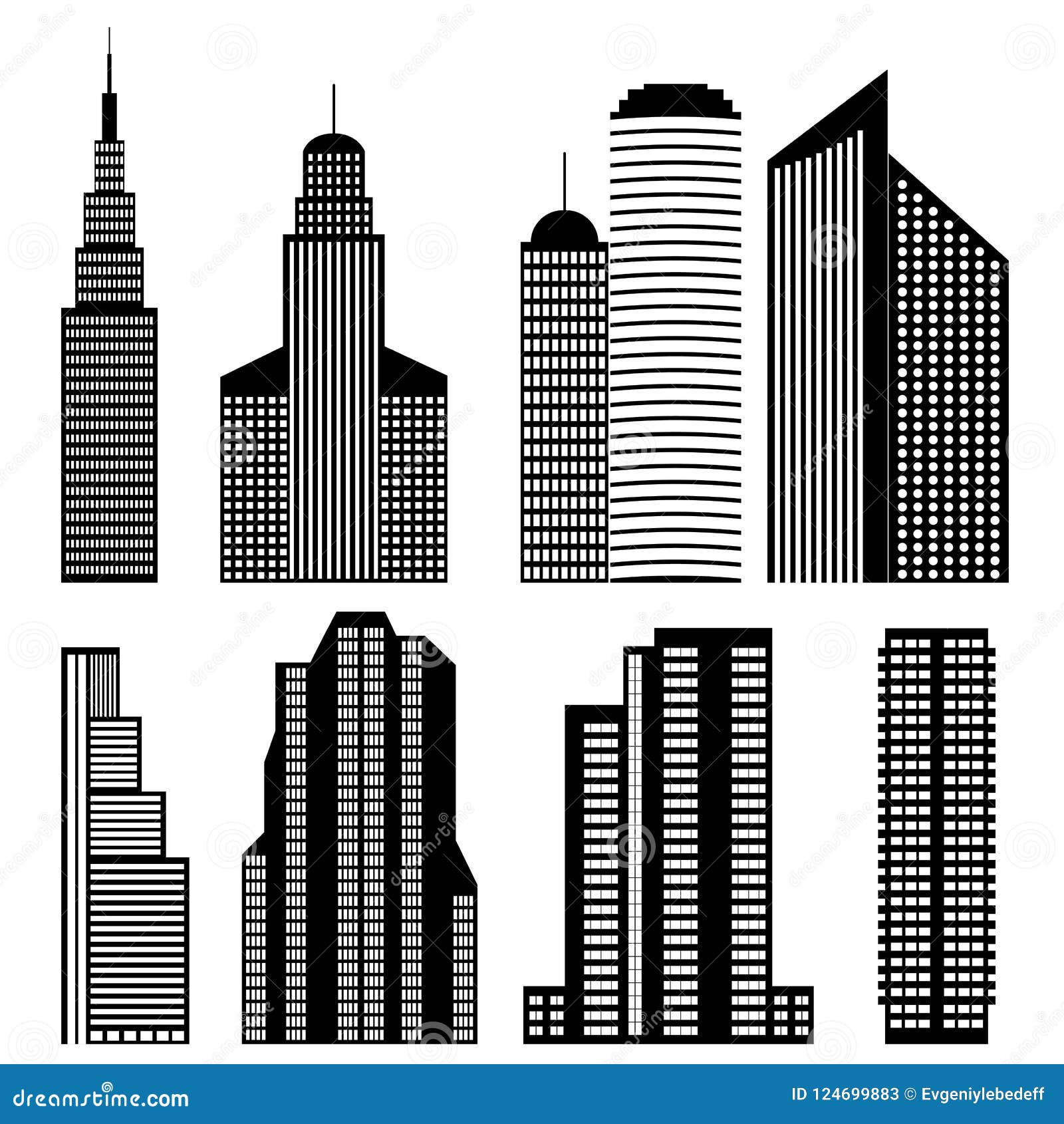 A Set of Skyscrapers Painted in a Flat Style with Windows Stock ...