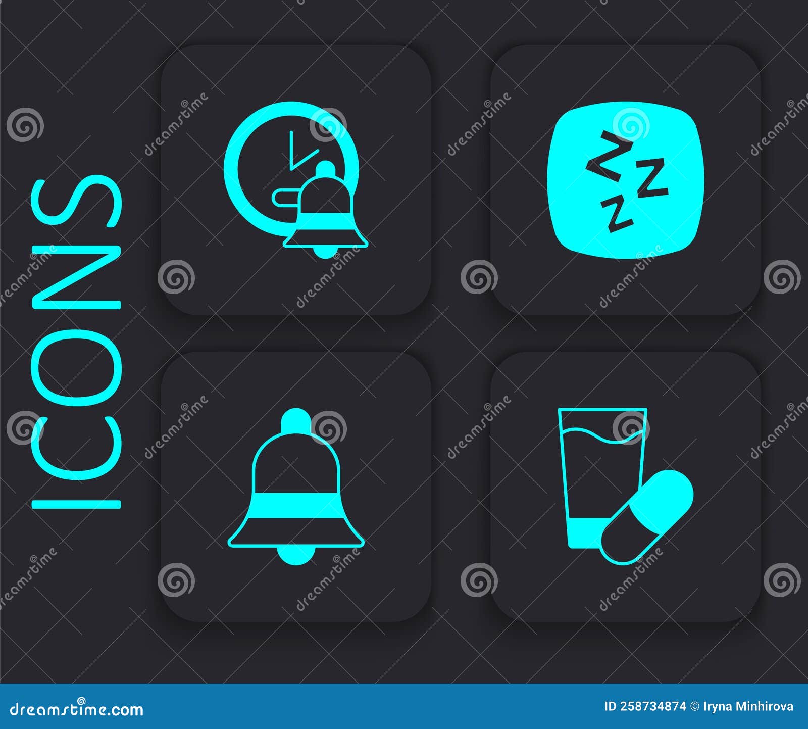 Set Sleeping Pill, Alarm Clock, Sleepy and Ringing Bell Icon. Black ...