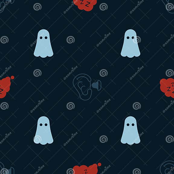 Set Sleepy, Earplugs and Ear and Ghost on Seamless Pattern. Vector ...