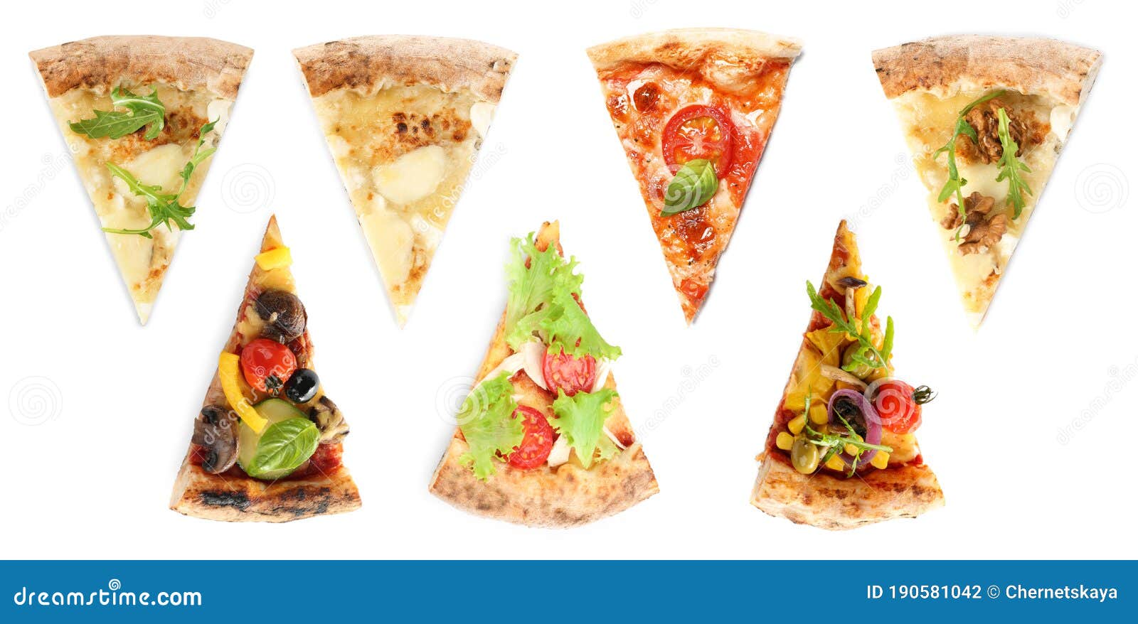 Set with Slices of Different Pizzas on Background, Top View. Banner ...