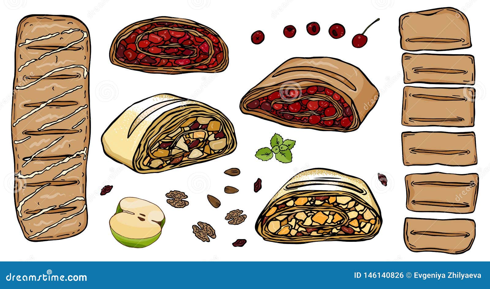 Slices Viennese Apple Strudel Black Outline On White Background ...