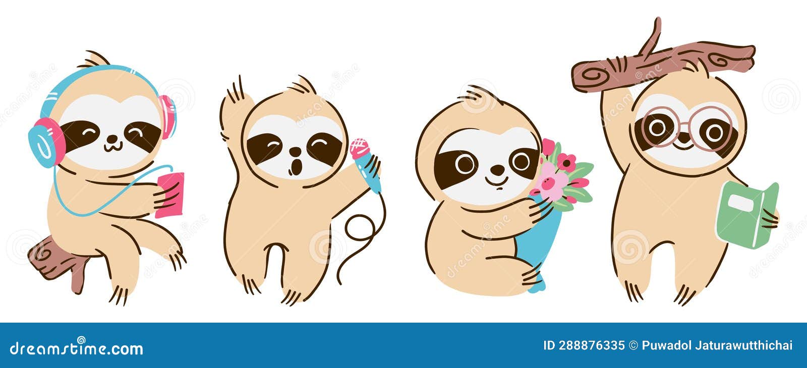 Set of Sloth Bear Cartoon Characters . Hand Drawn Style . White ...