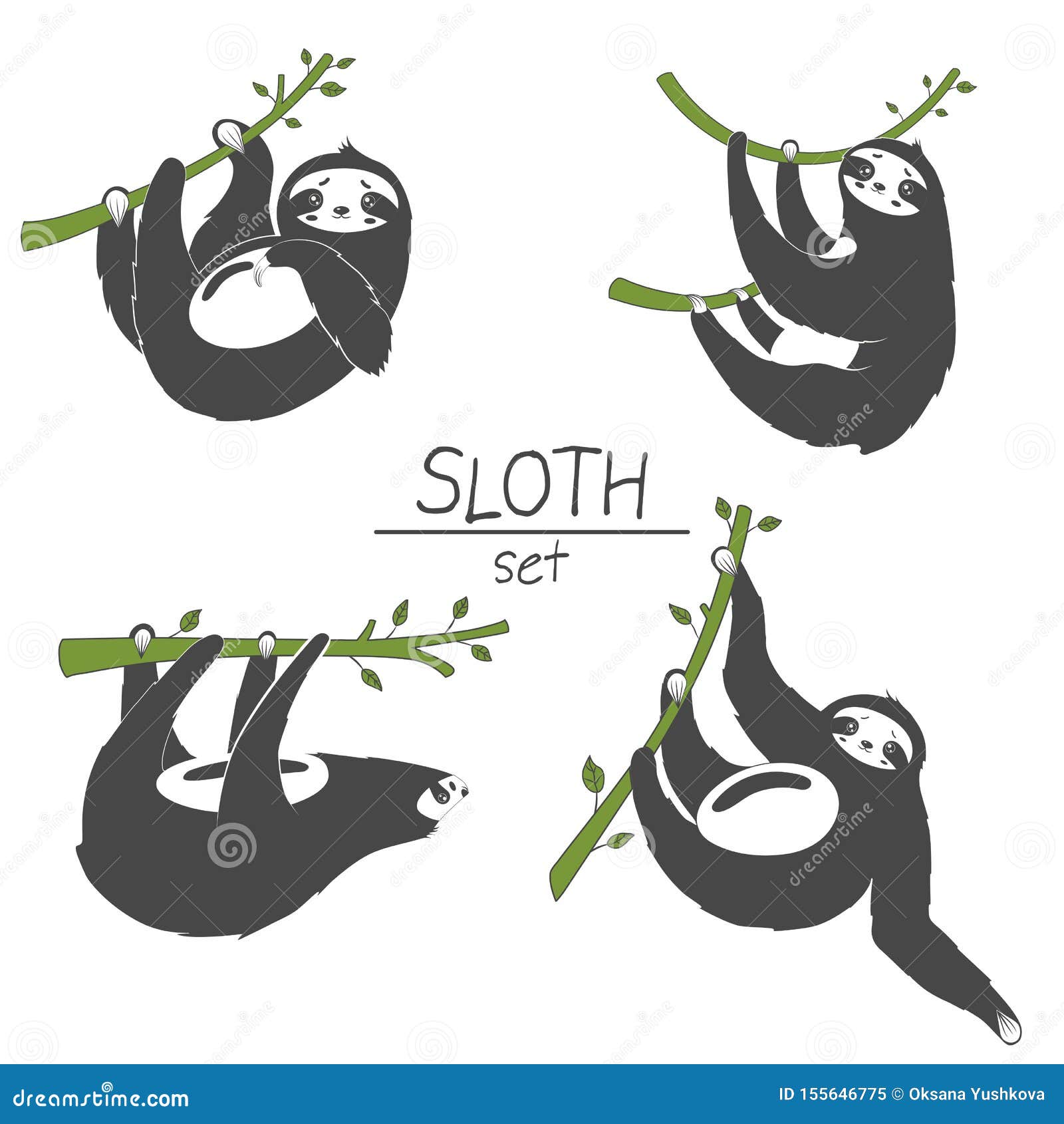Set of Sloths Hanging on the Branches Stock Illustration - Illustration ...