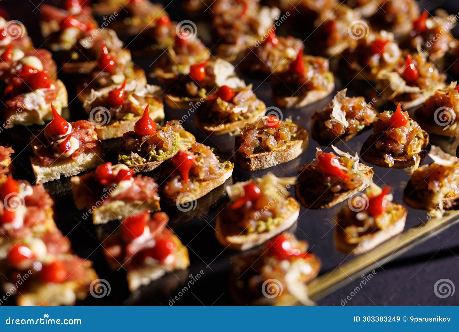 A Set of Small Different Snacks. Bite-sized Catering Canapes Stock ...