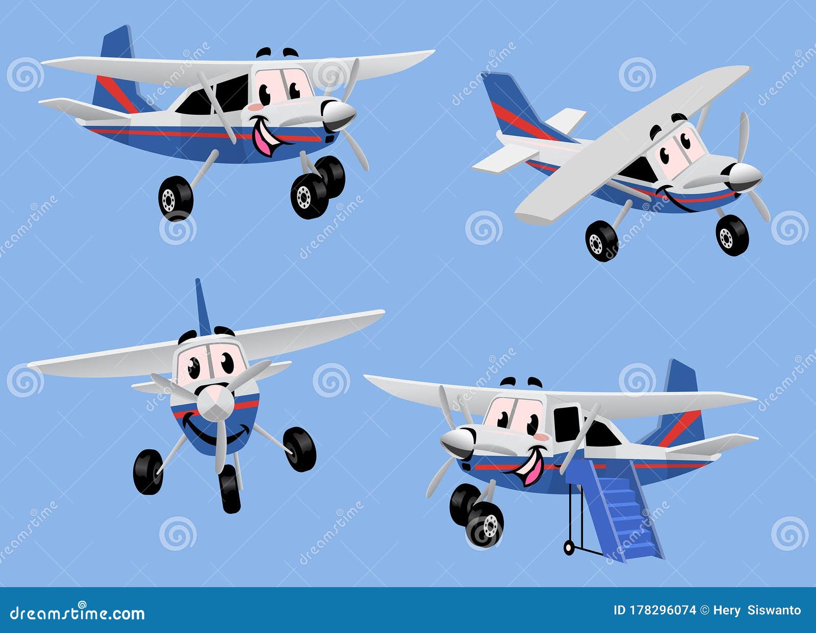 Set Of Small Turbo Propelled Airplane In Cartoon Character Vector ...