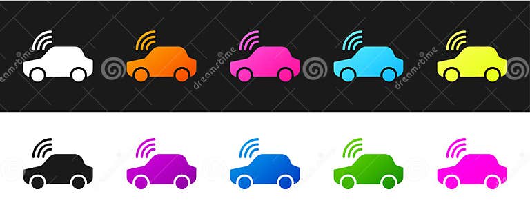 Set Smart Car System with Wireless Connection Icon Isolated on Black ...