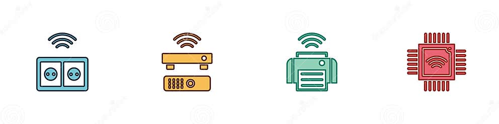 Set Smart Electrical Outlet, Wireless TV Box Receiver, Printer and Processor with Microcircuits ...