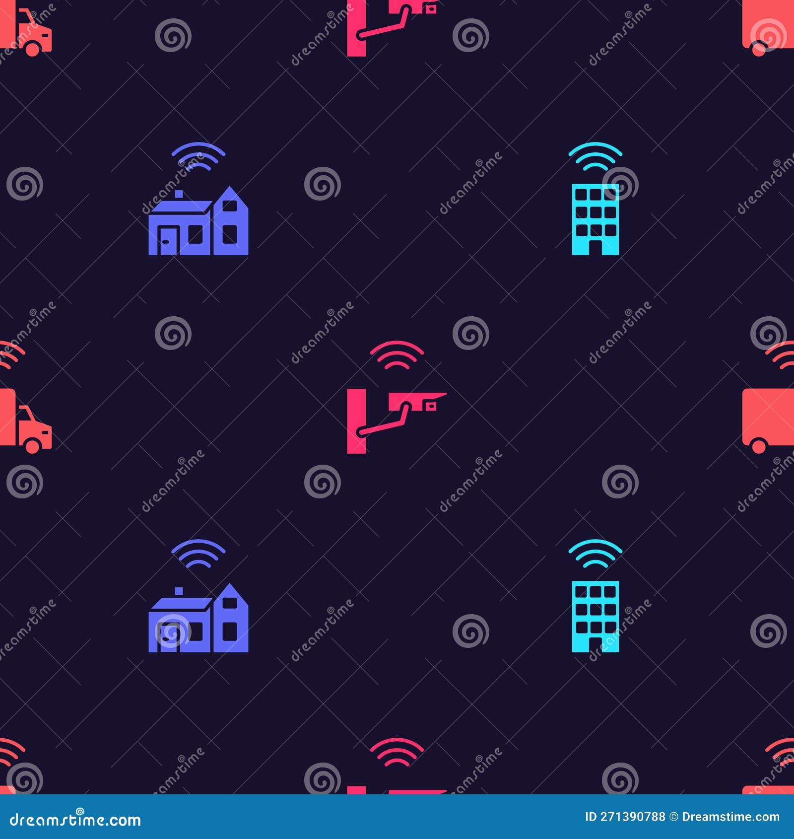 Set Smart Home with Wireless, , Security Camera and Truck on Seamless Pattern. Vector Stock ...