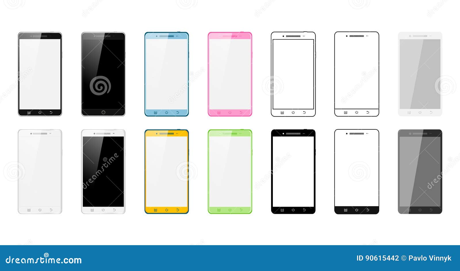 Set of Smart Phones Made in Different Styles: Realistic, Flat, Linear ...
