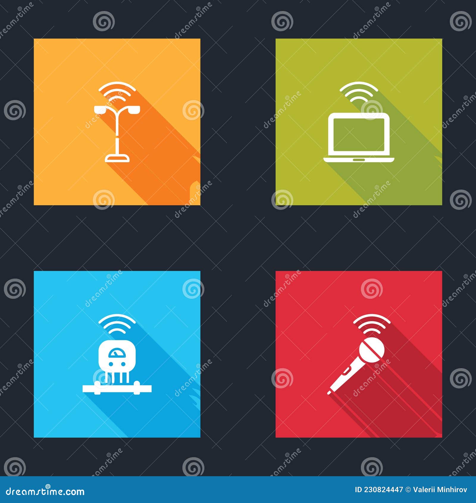 Set Smart Street Light, Wireless Laptop, Sensor and Microphone Icon ...
