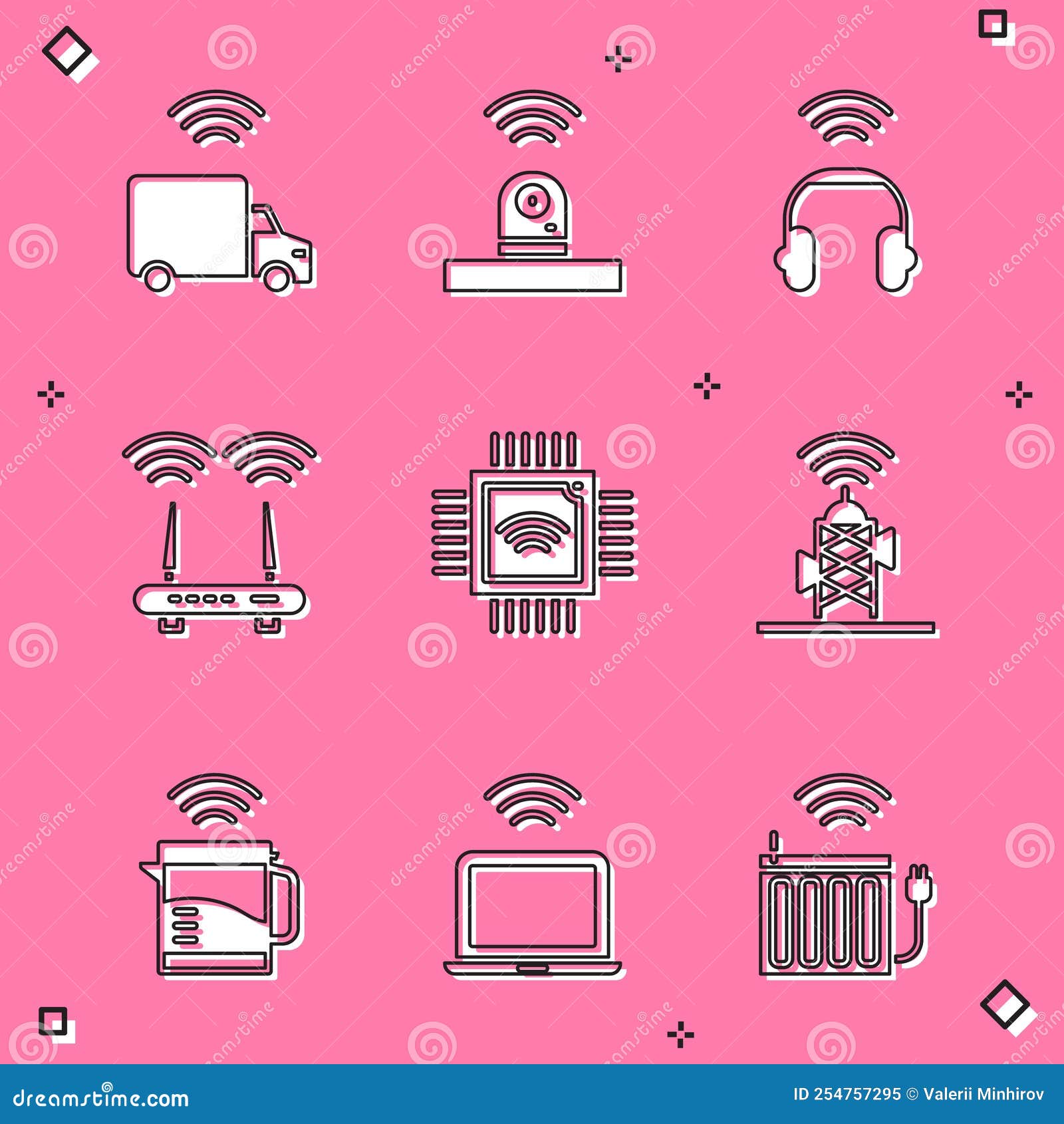 Set Smart Truck, Security Camera, Headphones, Router and Wi-fi Signal, Processor with ...