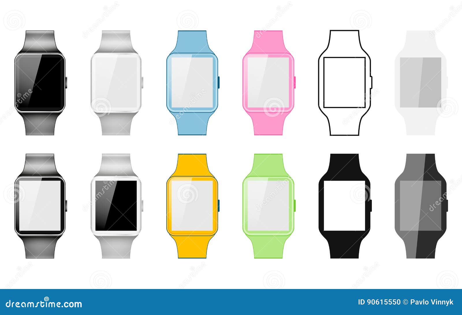 Set of Smart Watch Made in Different Styles: Realistic, Flat, Linear ...