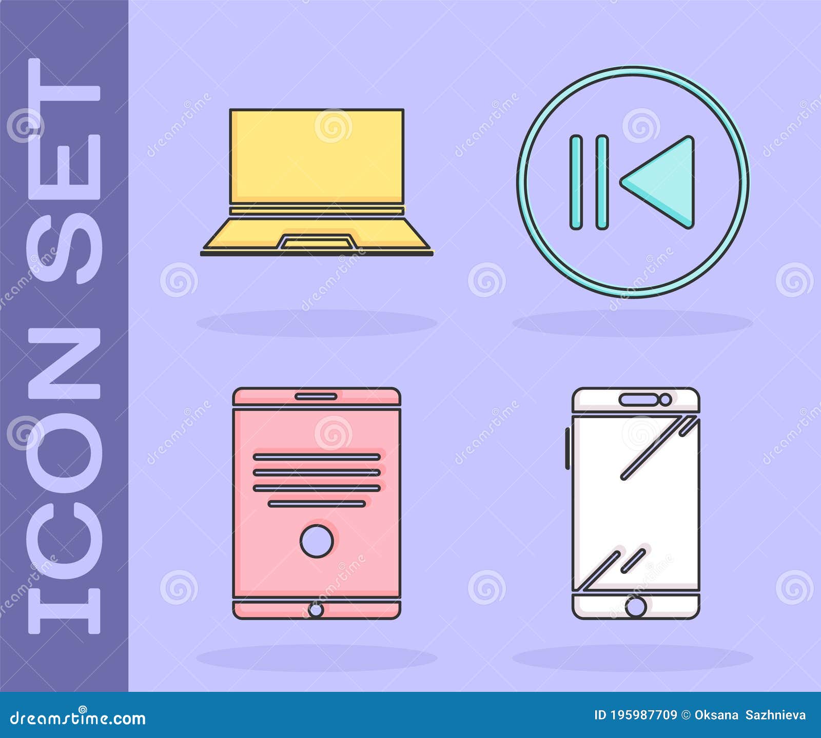 Set Smartphone, Mobile Phone, Laptop, Tablet and Rewind Icon. Vector ...