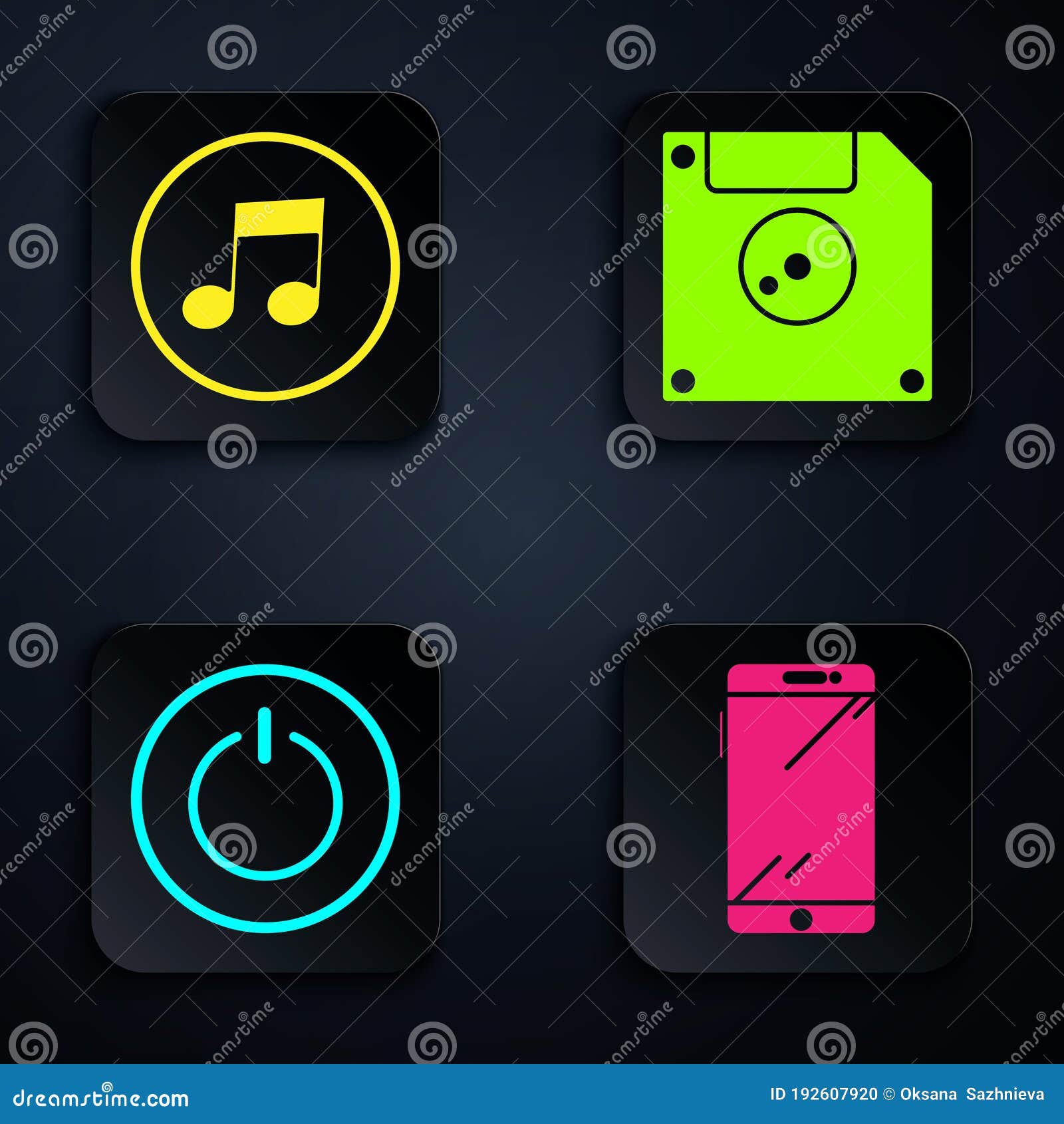 Set Smartphone, Mobile Phone, Music Note, Tone, Power Button and Floppy ...