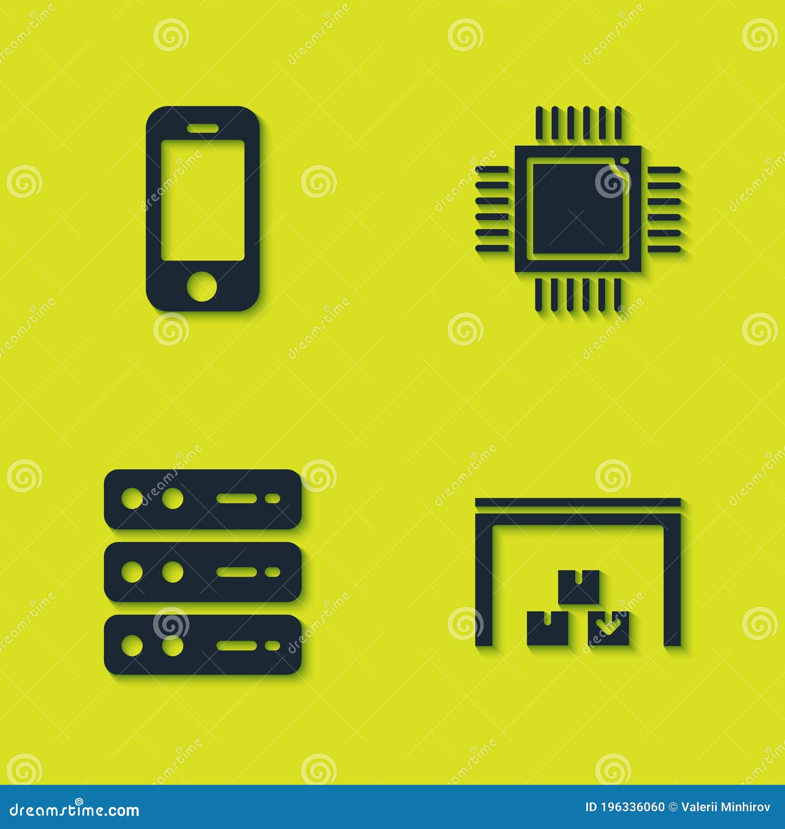 Set Smartphone Warehouse Server Data Web Hosting And Processor With Microcircuits Cpu Icon