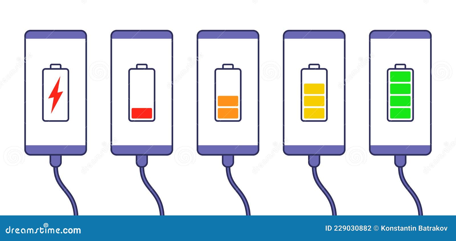 Set of Smartphones with Battery Level Indicators and USB Connection ...