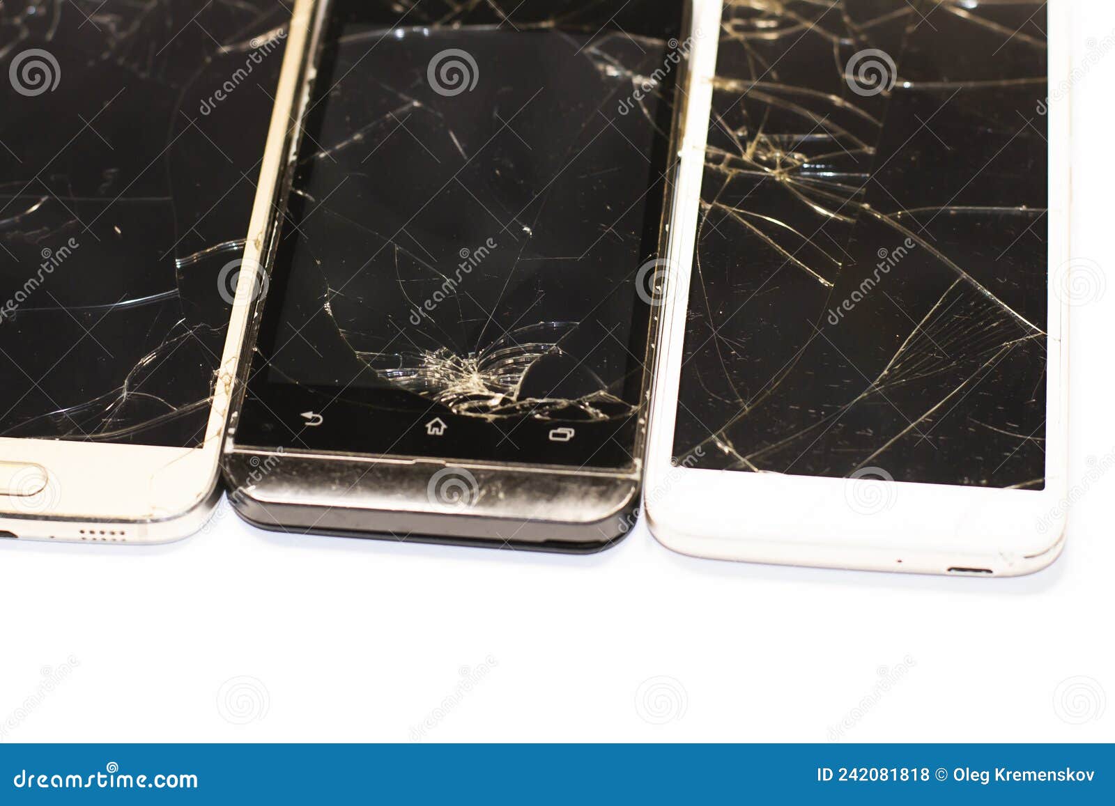 Set of 3 Smartphones with Broken Screens. Broken Texture. Dirty ...