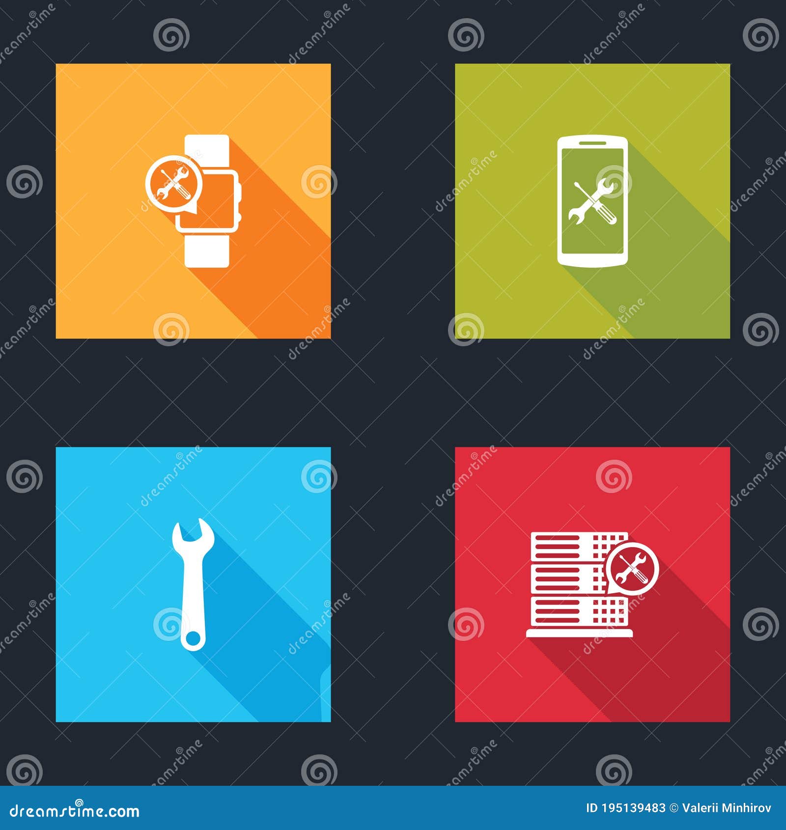 Set Smartwatch Service, Smartphone, Wrench and Database Server Icon ...