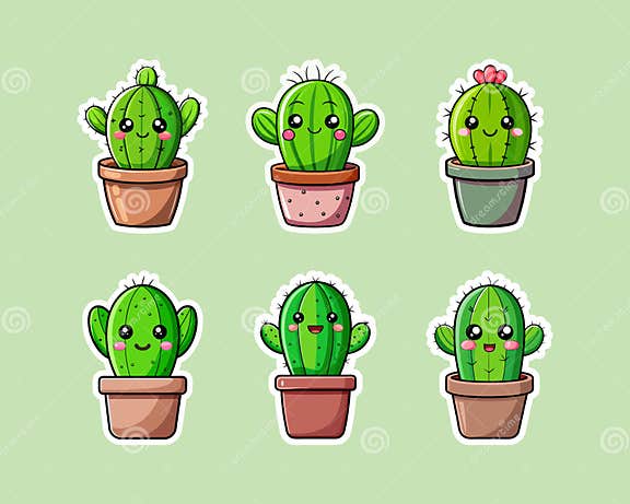 Set Of Smiling Cute Kawaii Cactus Sticker Funny Stickers Vector