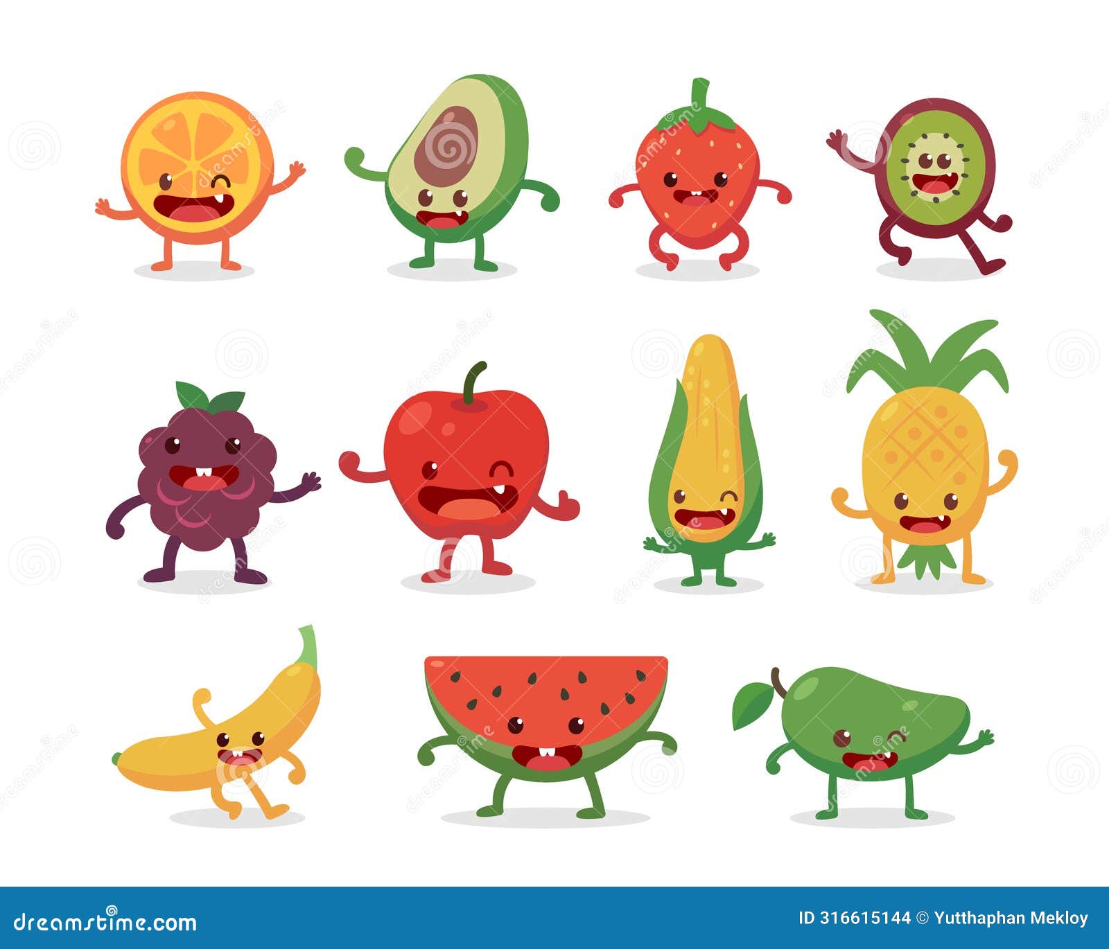 Set of Smiling Fruit Cartoons. Stock Vector - Illustration of orange ...