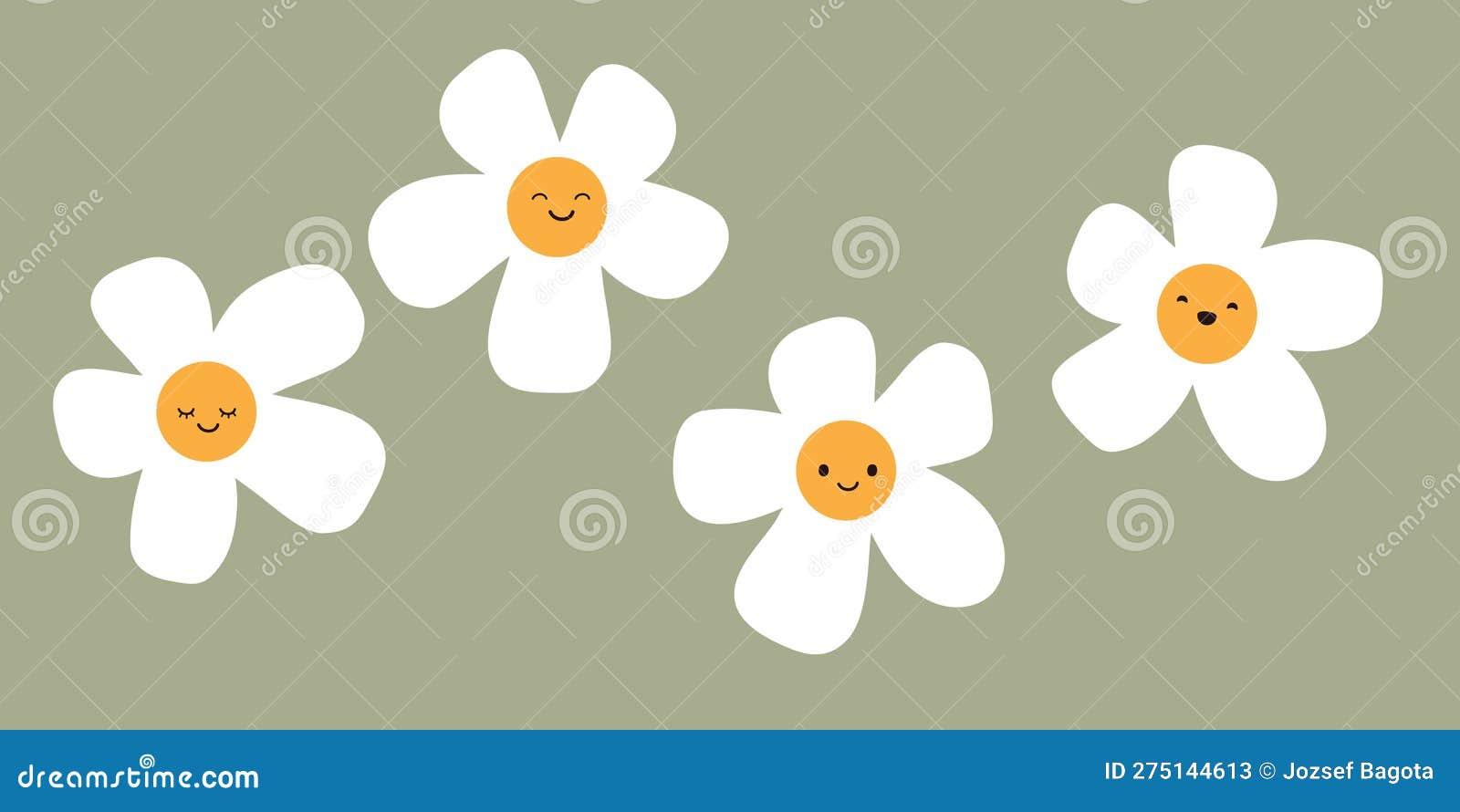 Set of Smiling White Daisy Flowers on Grey Background - Cute Cartoon ...
