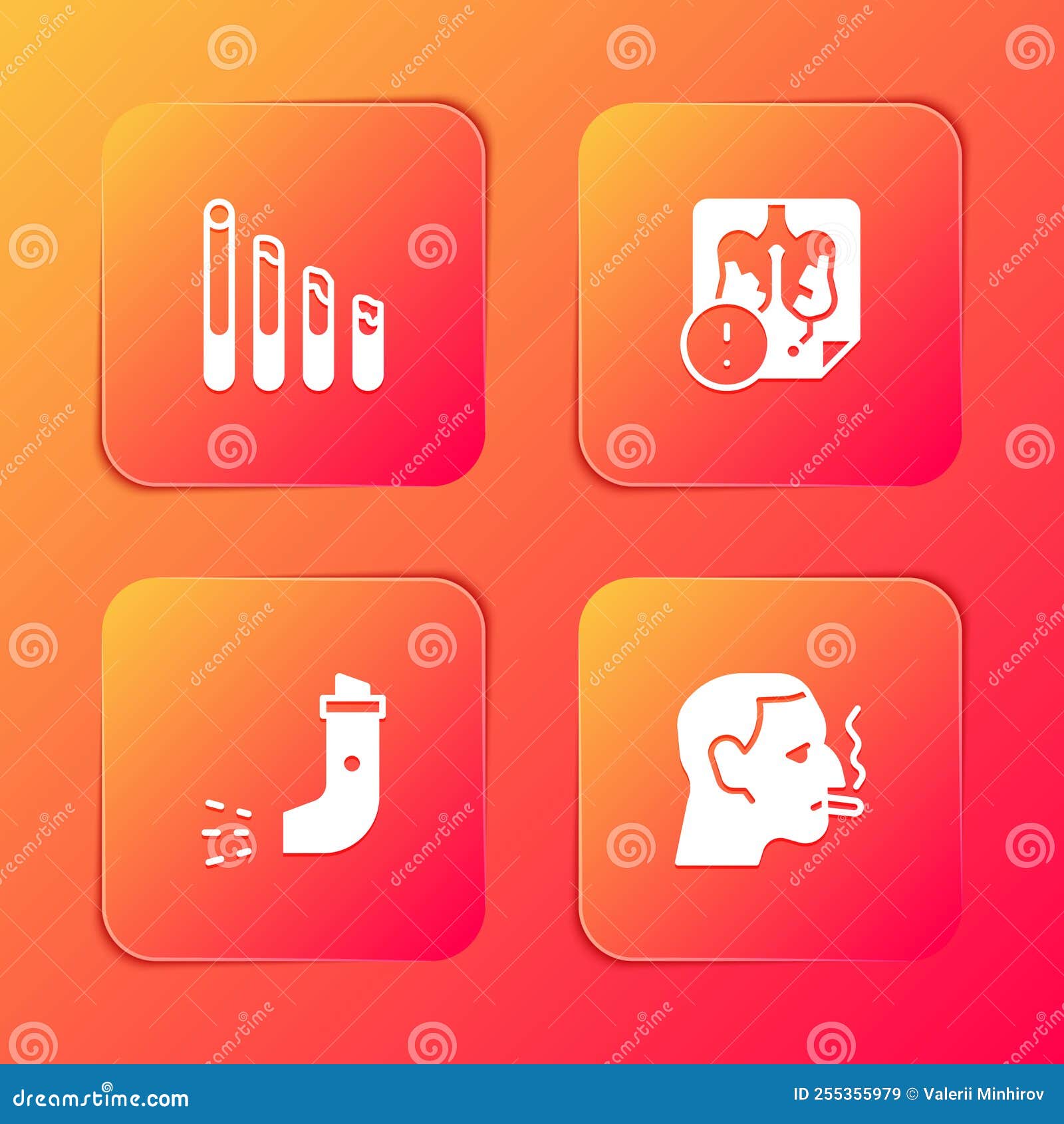 Set Smoking Cigarette, Disease Lungs, Inhaler and Man Smoking Icon ...