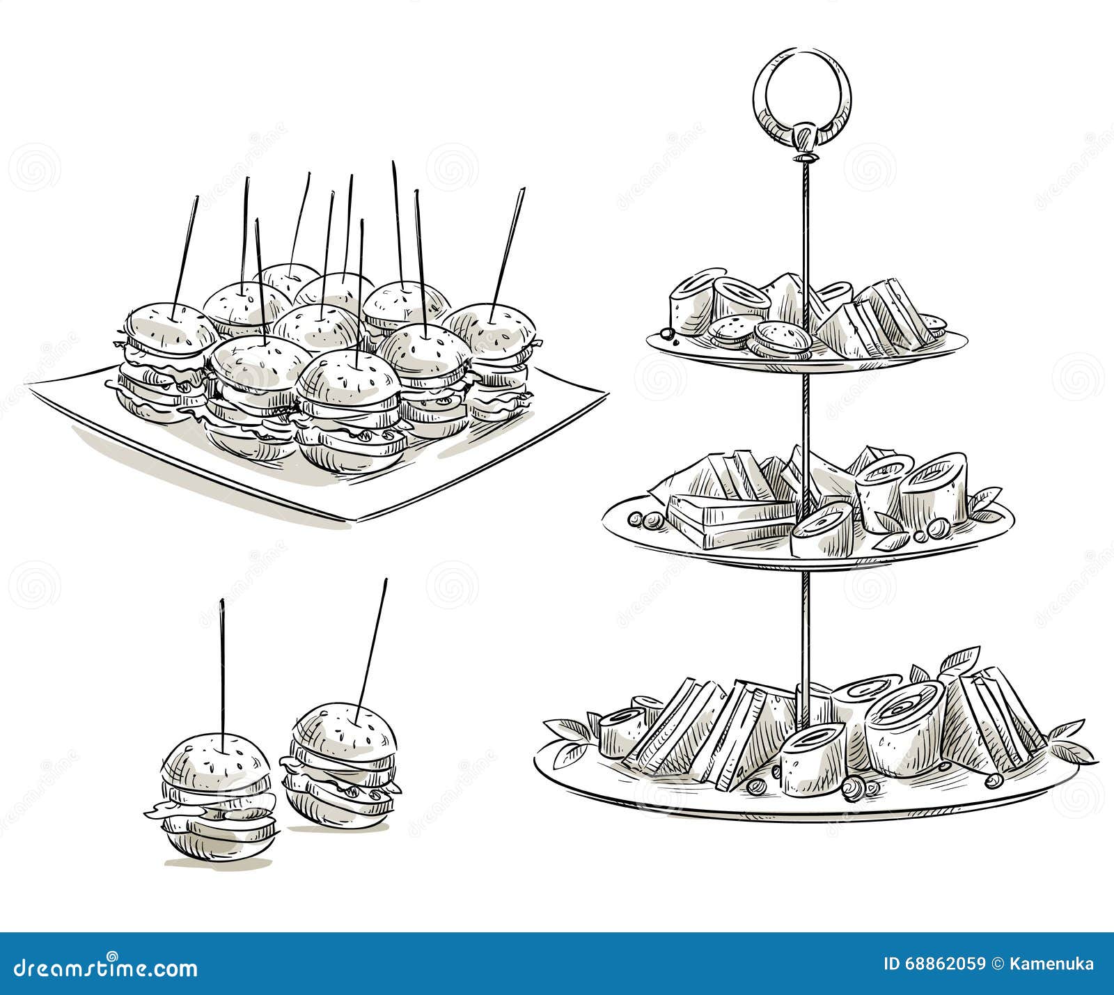 Set of Snacks on a Tray. Vector Sketch. Stock Vector - Illustration of ...