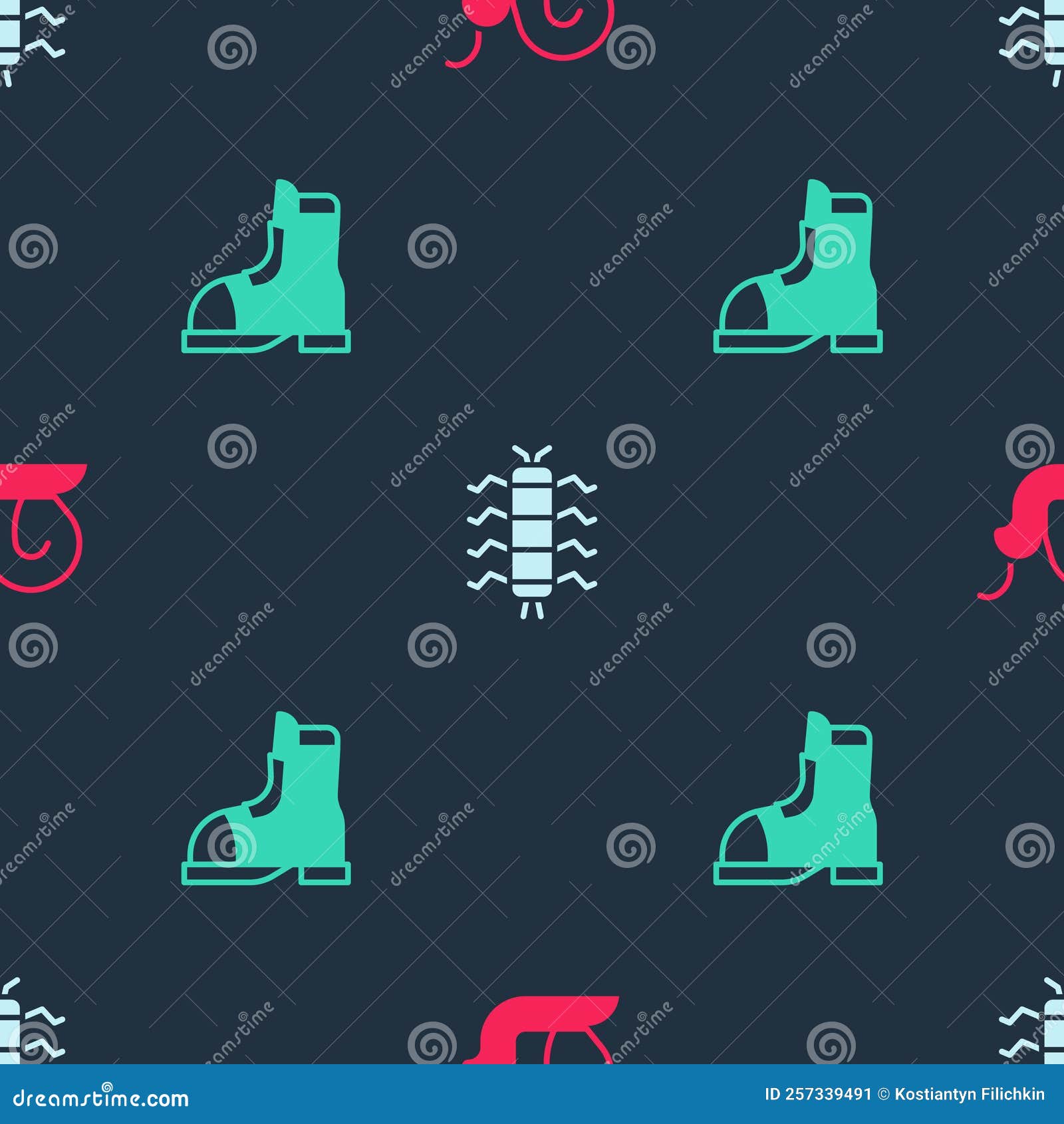 Set Snail, Centipede Insect and Hunter Boots on Seamless Pattern ...