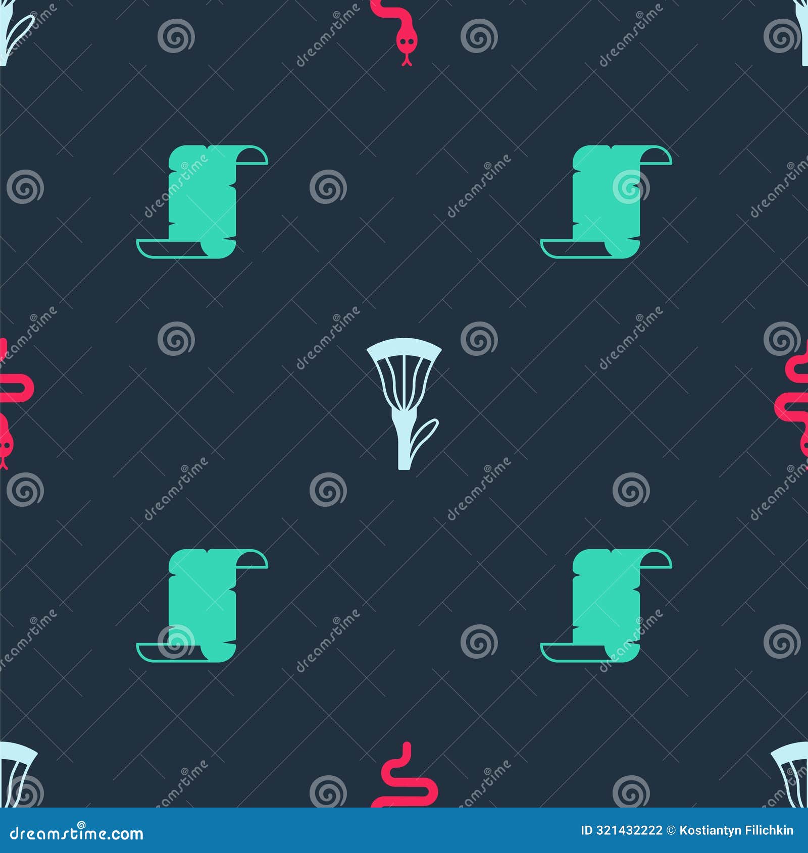 Set Snake, Egyptian Lotus and Papyrus Scroll on Seamless Pattern ...